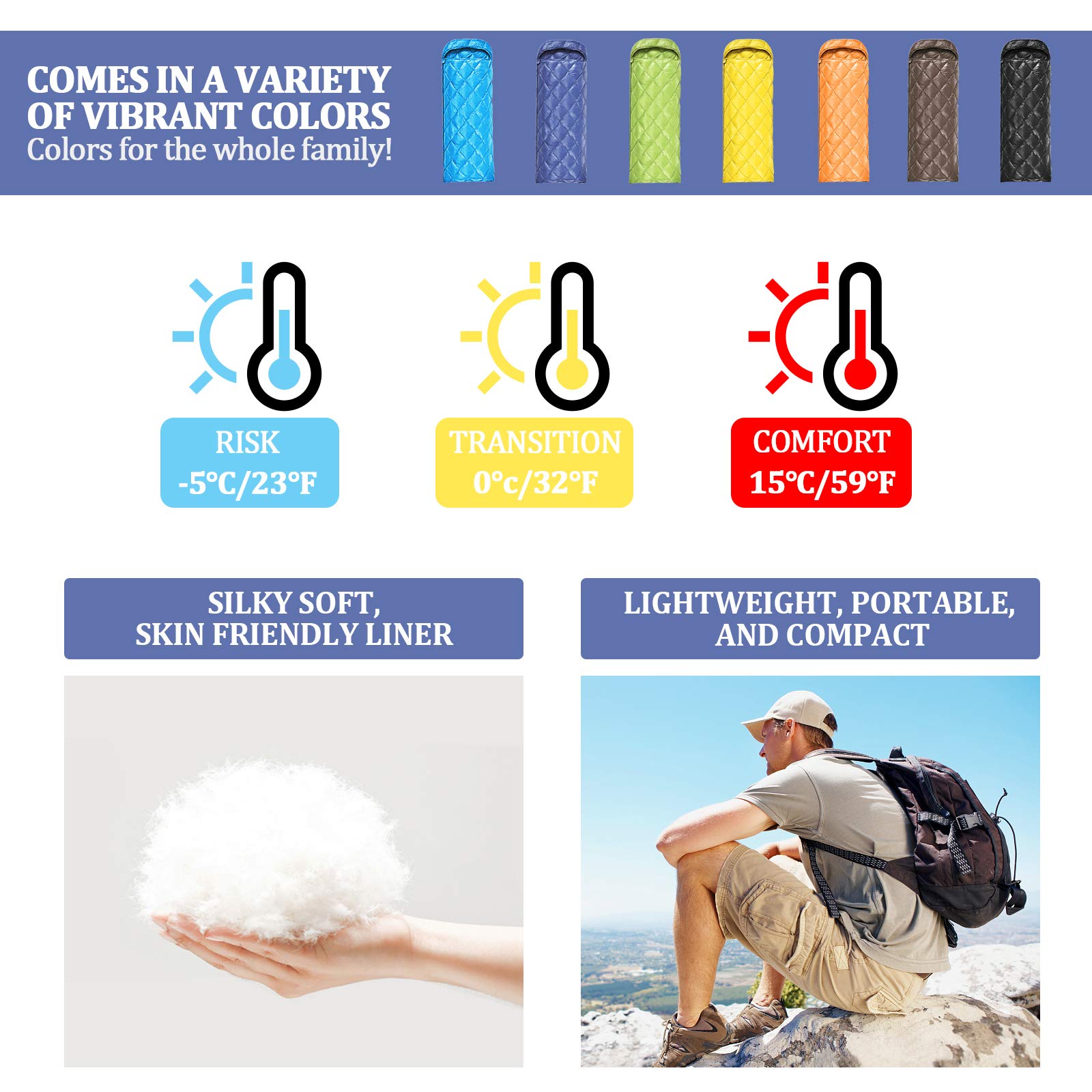 ECOOPRO Down Sleeping Bag, 32 Degree F 800 Fill Power Cold Weather - Ultralight Compact Portable Waterproof Camping Sleeping Bag with Compression Sack for Adults, Teen, Kids