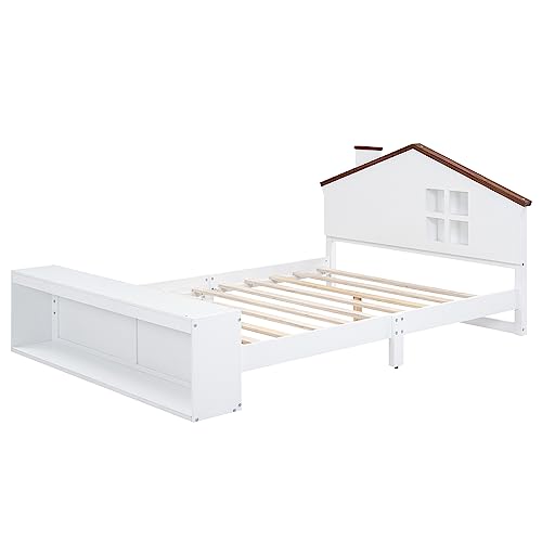 Lepfun Full Size House Platform Bed with LED Lights and Storage, Wood Kids Bed Frame with Headboard and Slats Support, No Box Spring Needed, Suitable for Bedroom and Apartment,White