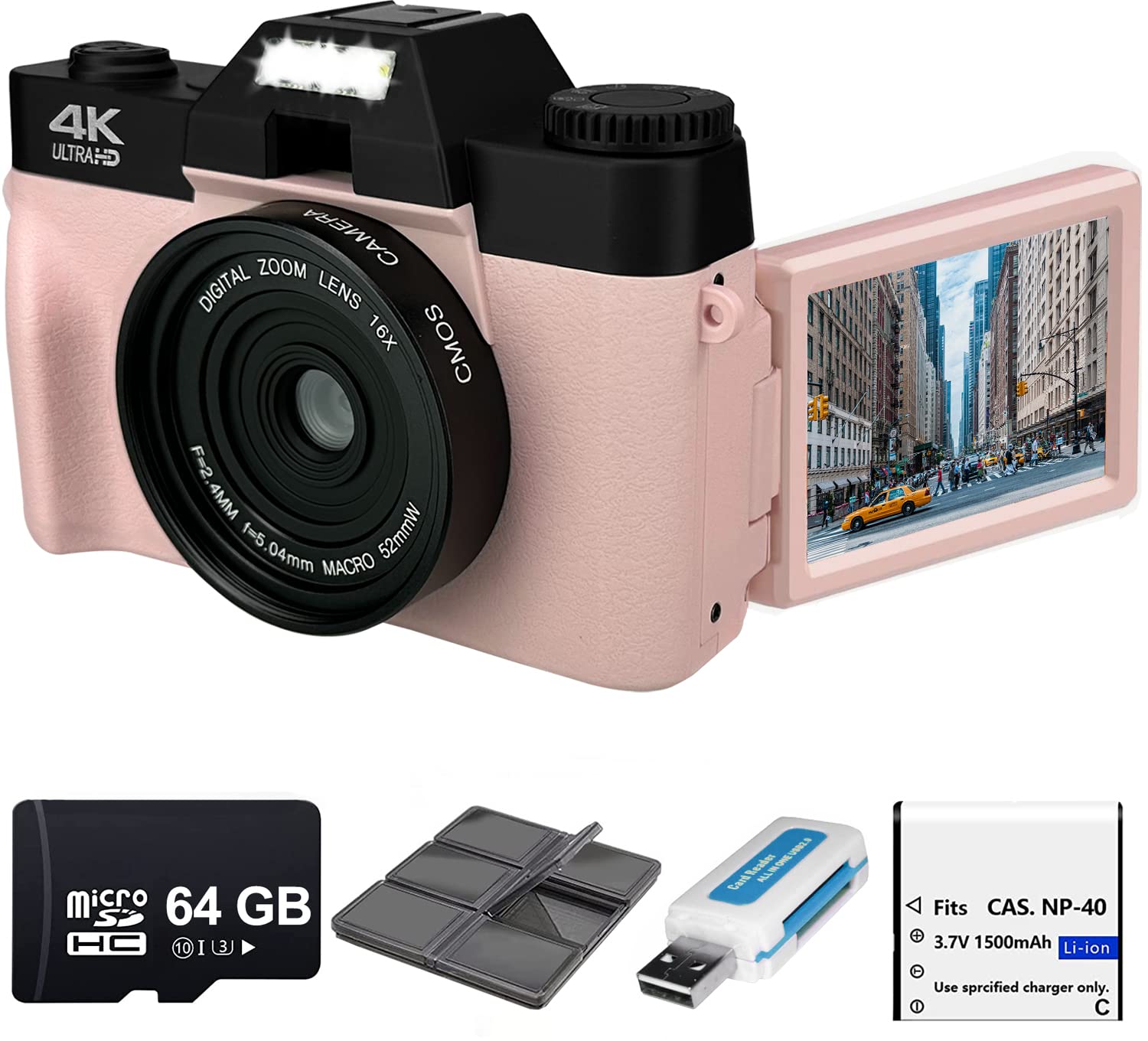 eDealz 4K 48MP Digital Camera Photography with 3’’ 180° Flip Screen, WiFi, 16X Zoom, Rechargeable Battery, 64GB Micro SD Card, 6 PC Card Holder USB Card Reader (Pink)
