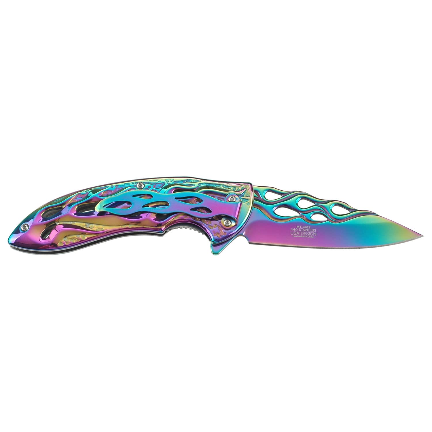 MTech USA MT-A822RB Spring Assist Folding Knife, Rainbow Blade, Rainbow Flame Handle, 4.75-Inch Closed