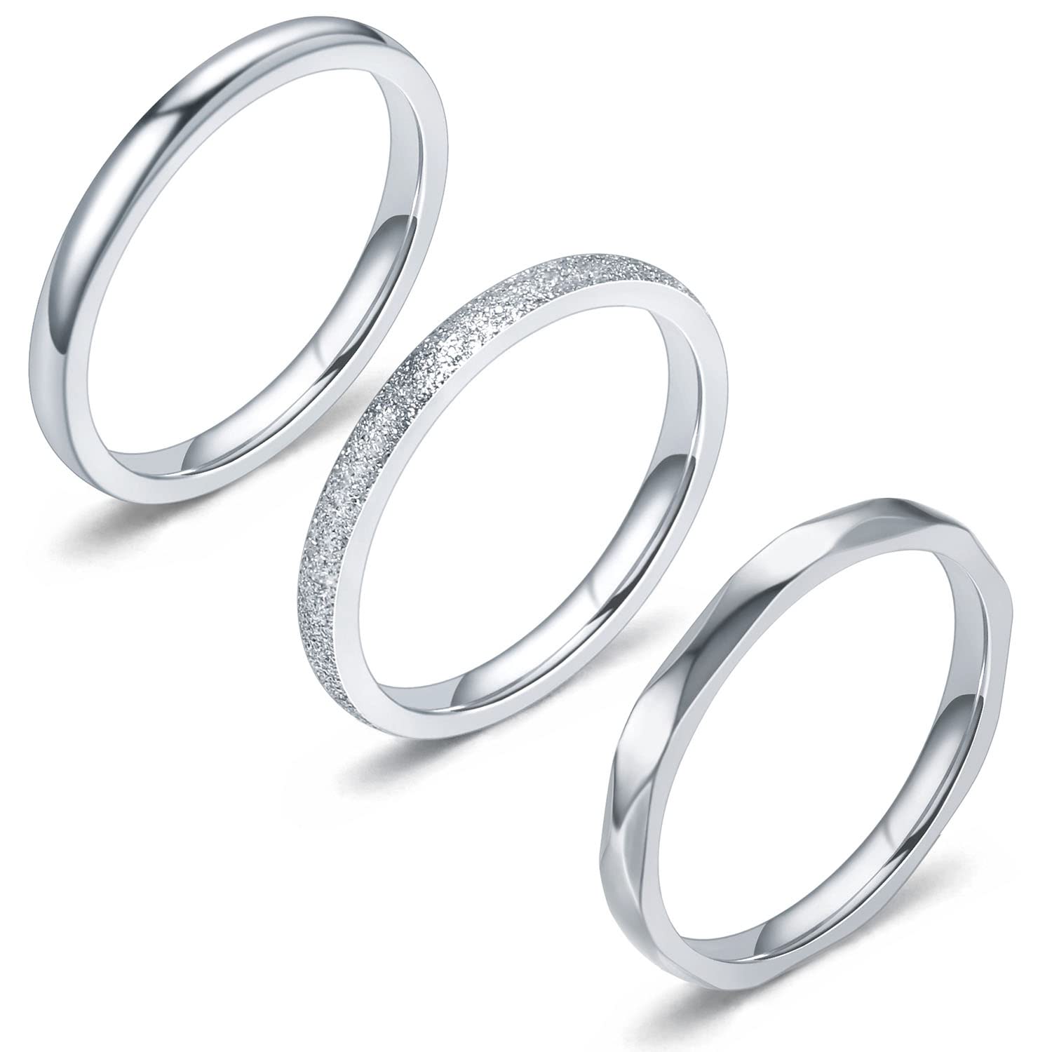 DURSI 2MM Stainless Steel Rings Women's Stackable Eternity Ring Band Engagement Wedding Ring Set 3 PCS (Silver, Size 10)