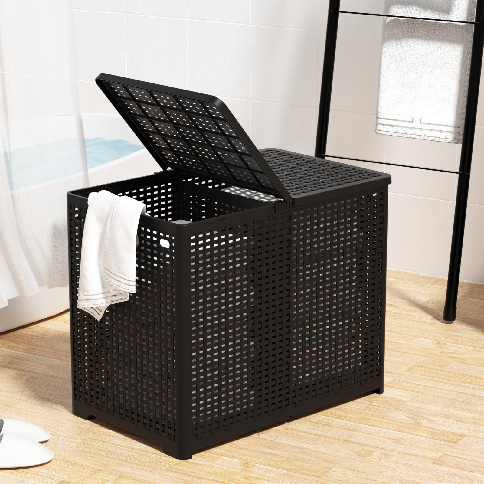 Nihenok 2 Section Plastic Double Dirty Clothes Basket, 80 L Foldable Large Laundry Hamper with Lids, Black