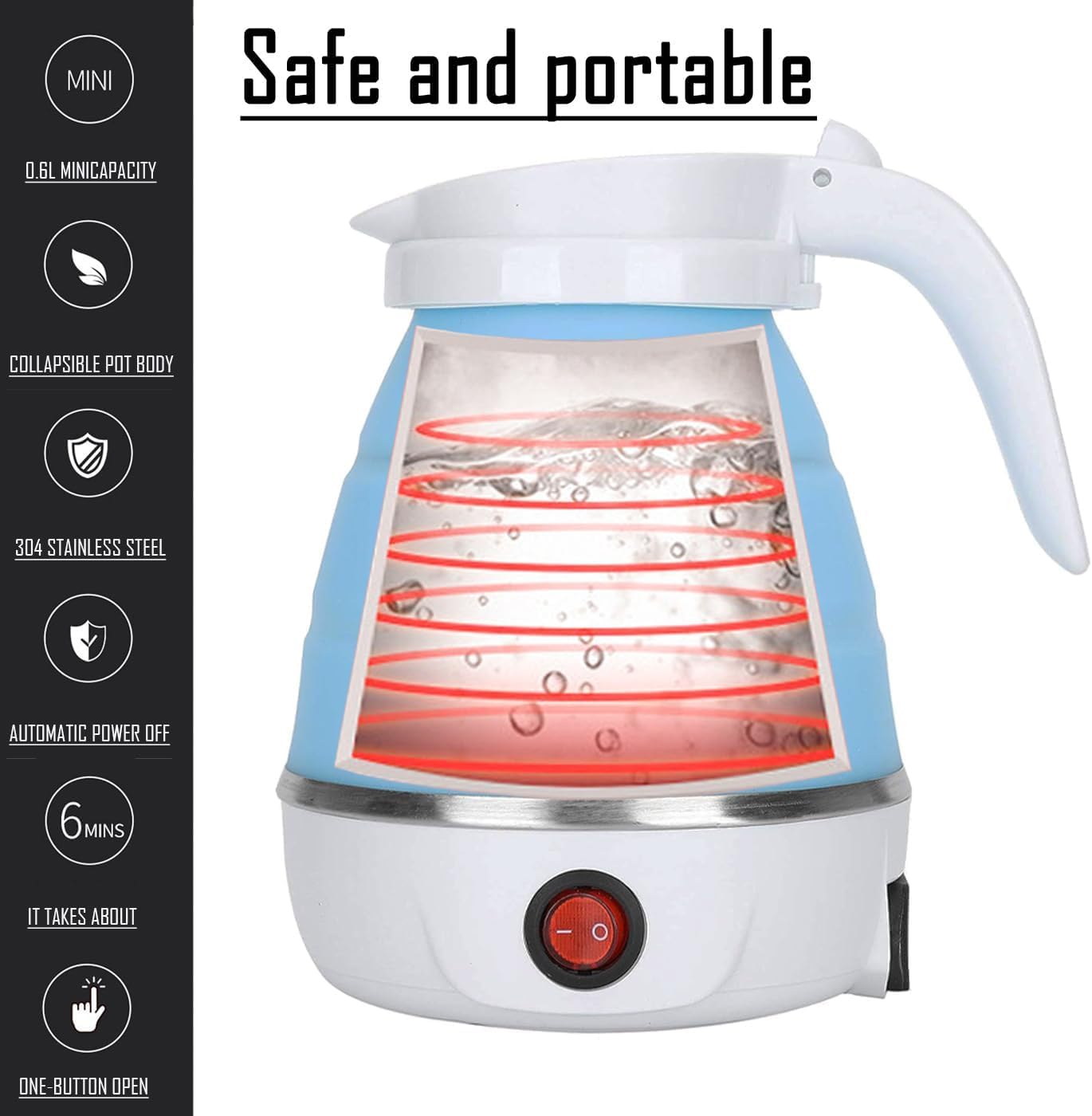 Foldable Electric Travel Kettle - Portable and Convenient Silicone Collapsible Water Boiler and Tea Pot for Camping - Easy Storage with Detachable Power Cord (Blue)