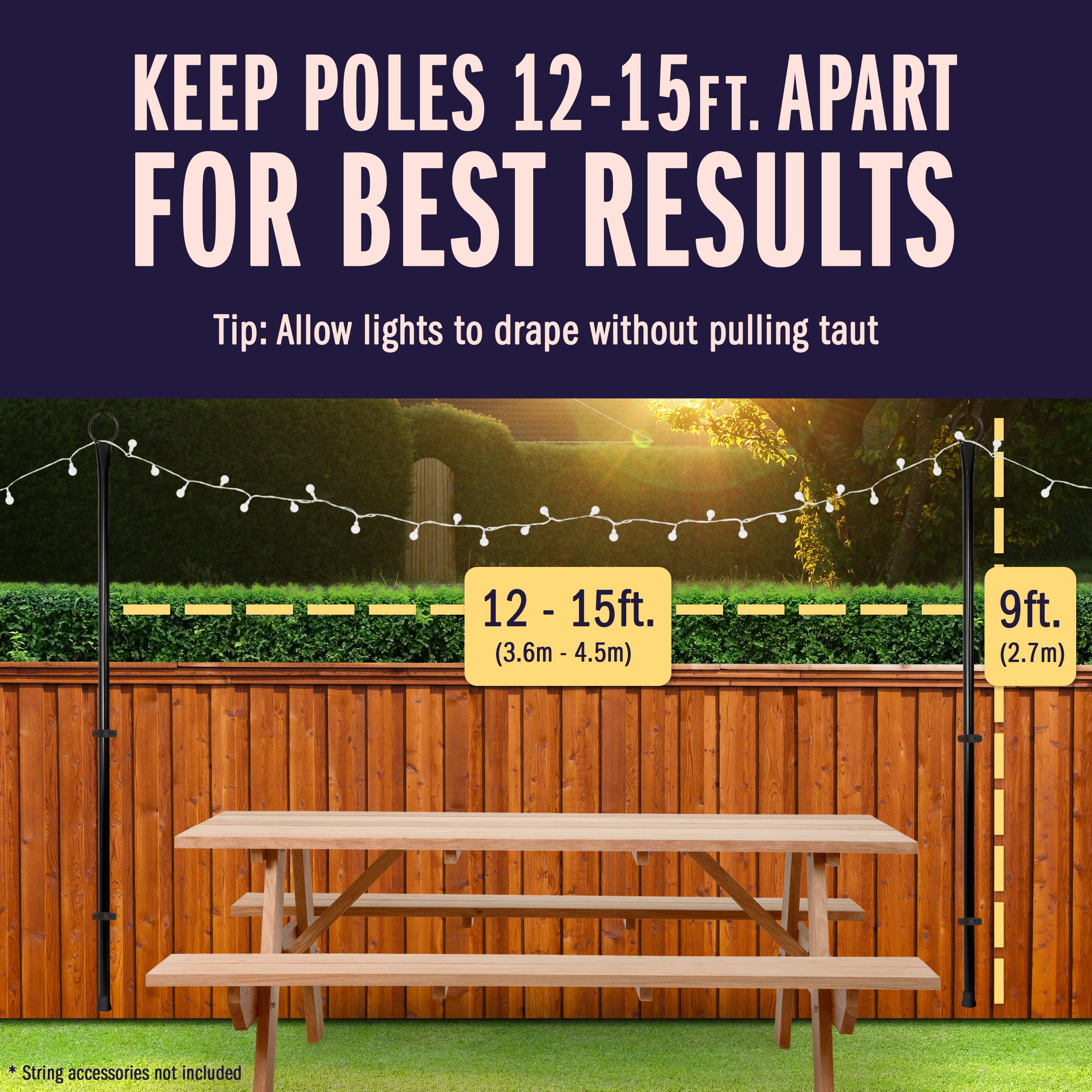 Holiday Styling String Light Poles w/Hooks for Outdoor String Lighting , Metal - Patio Light Accessories Ideal for Backyard, Weddings, and Parties