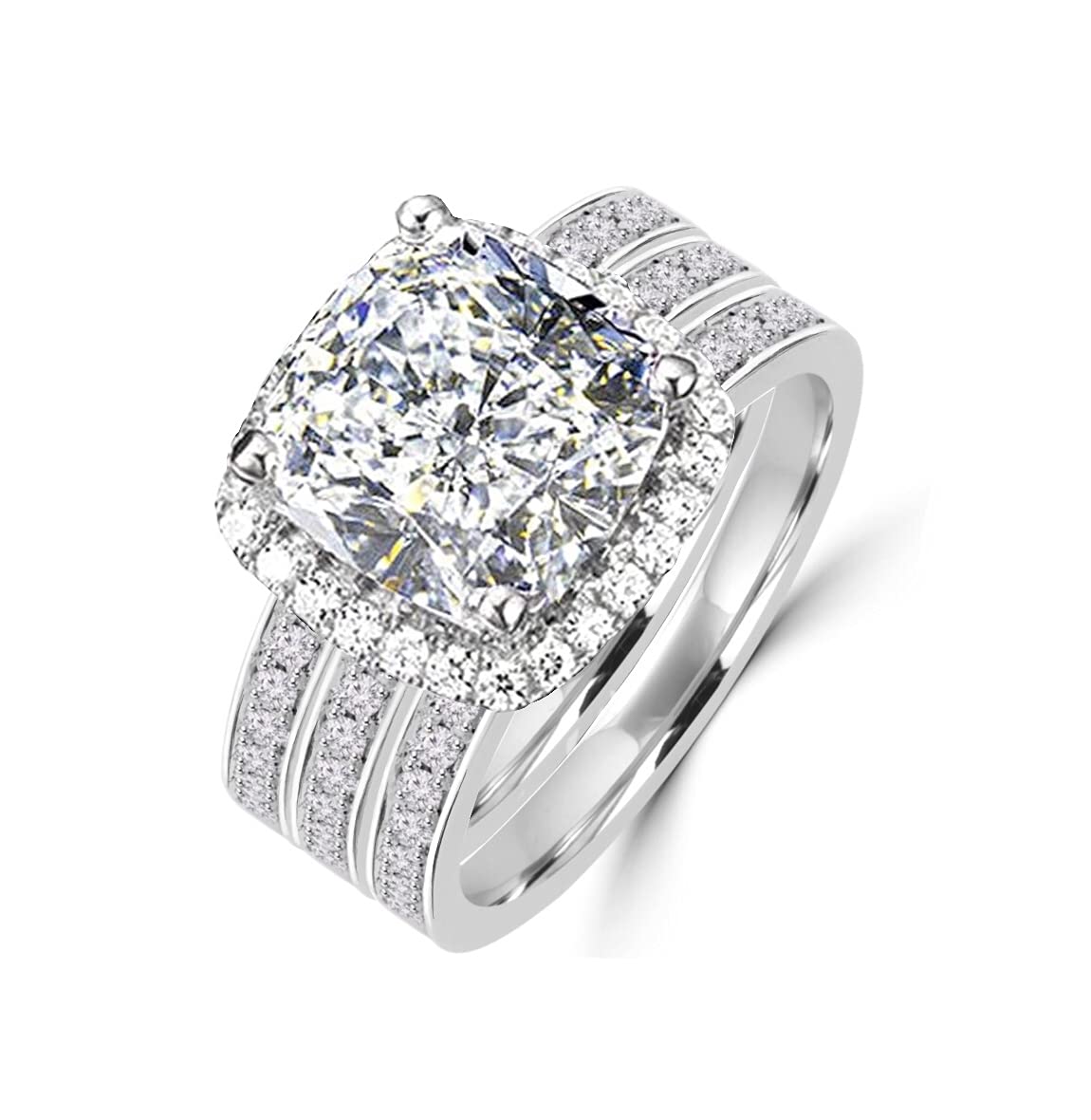 Diamonbella 101 Facets 2 Carat Princess Cushion Cut NSCD Simulated Diamond Ring Double Band Set 925 Silver Platinum Plated Halo (7)