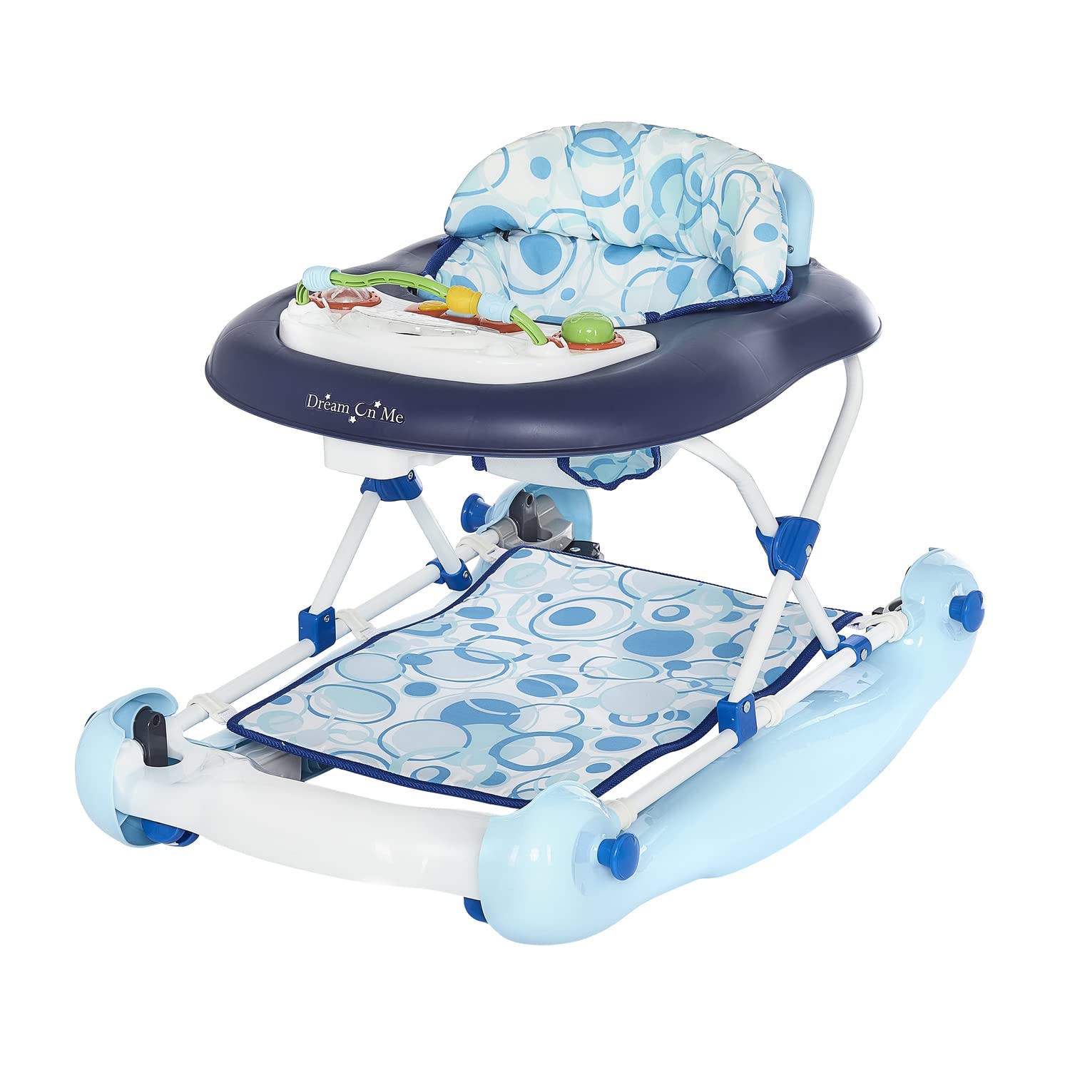 Dream On Me Go-Getter Baby Walker and Walk Behind Walker, Adjustable Seat Height, Comfortable Padded Seat, Easy to Fold, Pack and Store, Detachable Fun Tray, Blue
