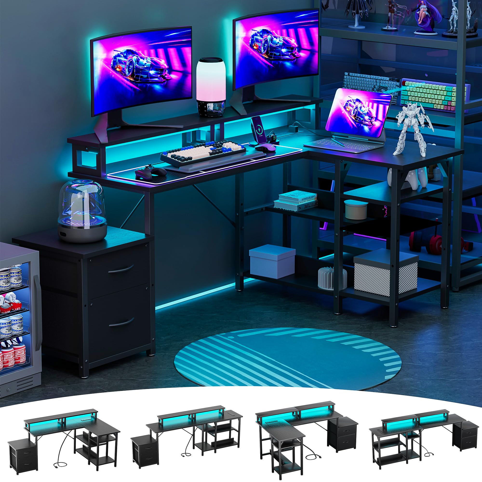 L Shaped Gaming Desk,Oopswow Computer Desk,68 Inch Office Desk with File Drawers & 2-Tier Storage Shelves,Large Reversible Corner Desks Writing Study Workstation with Power Outlets & LED Lights,Black