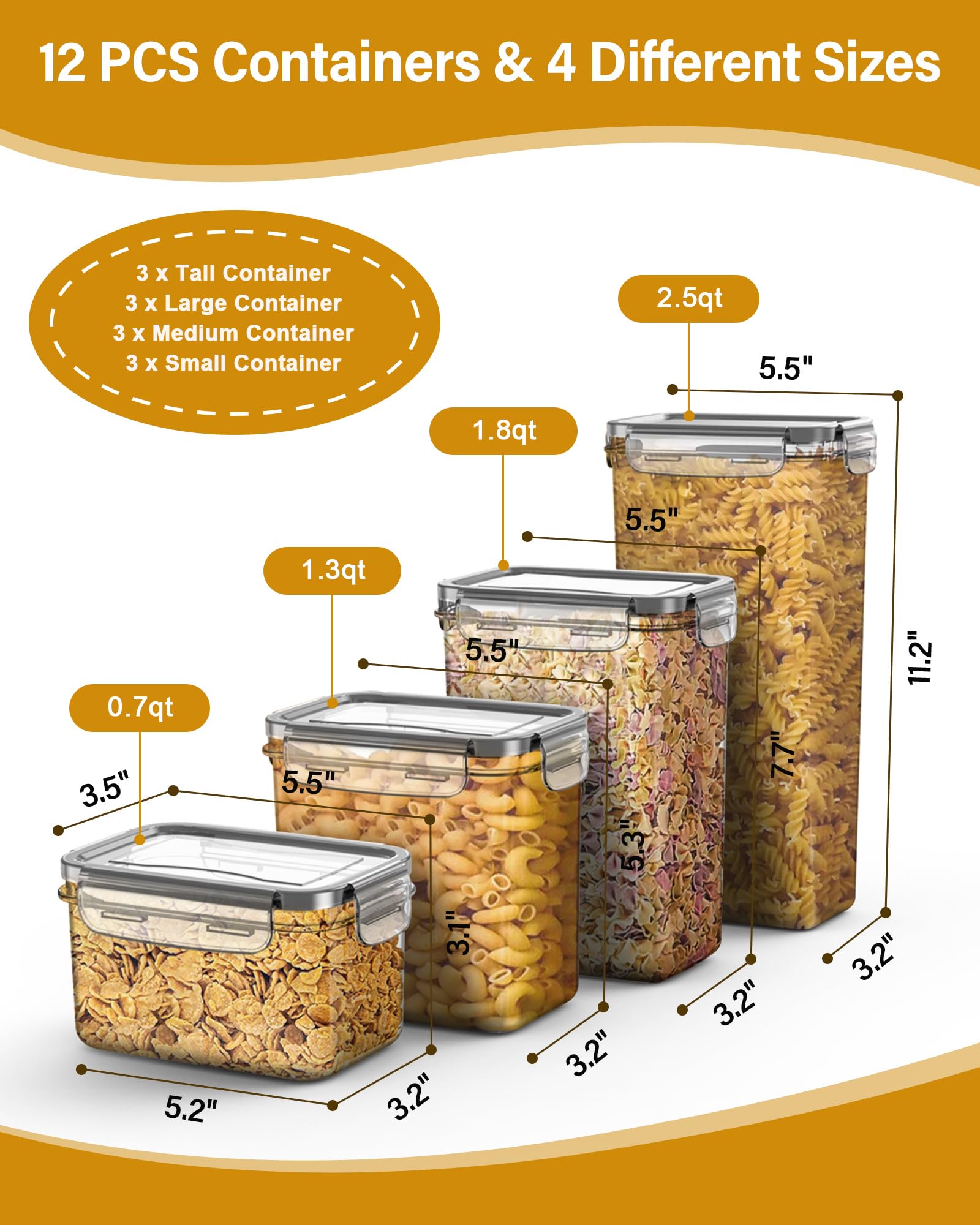 LUSCREAL Airtight Food Containers with Lids, 12 PCS Clear Organizing Containers Kitchen Canisters, Plastic Kitchen Organizers and Storage for Dry Food, Flour and Sugar,Include 20 Labels and 5 Spoons