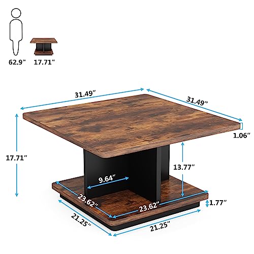 Tribesigns Wood Square Coffee Table: 31.5 Inches 2 Tiers Farmhouse Coffee Table, Wooden Rustic Coffee Table with Storage, Mid Centry Modern Home Furniture for Living Room, Brown