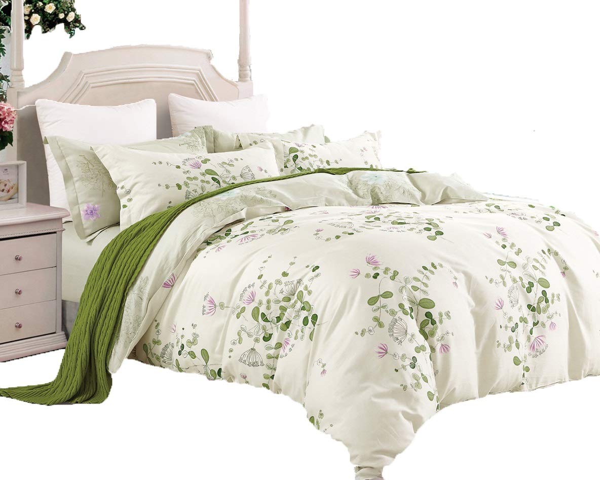 Swanson Beddings Graceful and Reversible Floral Print 3-Piece 100% Cotton Bedding Set: Duvet Cover and Two Pillow Shams (Queen)