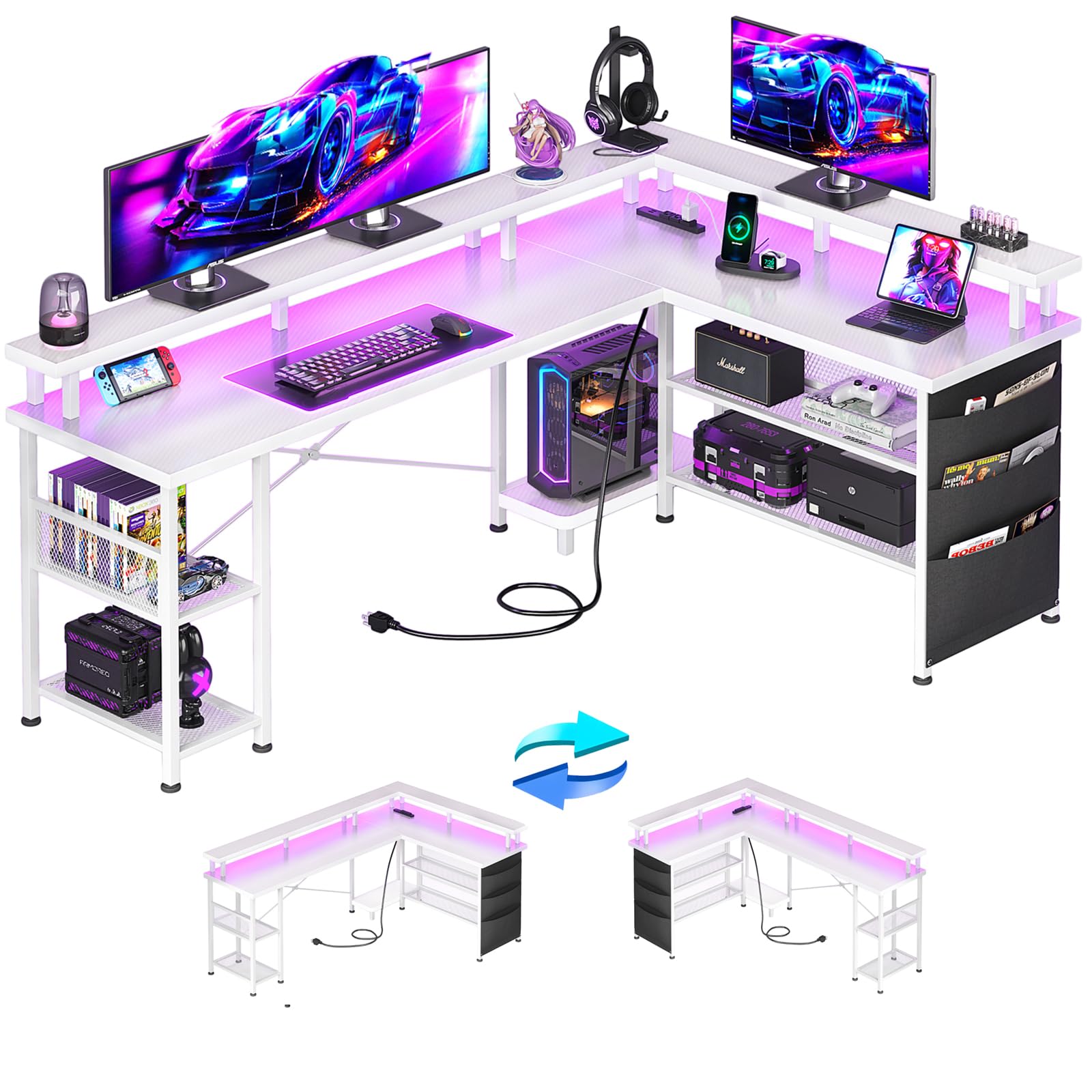 L Shaped Gaming Desk with LED Lights & Power Outlets, 66" Computer Desk with Storage Shelves，Monitor Stand & Printer Shelf, Large Gaming Table, Reversible Home Office Corner Desk, Black Carbon Fiber