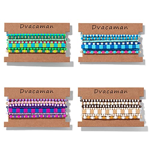 Dvacaman 3-7Pcs Bohemian Enamel Beaded Stretch Bangles Stackable Bracelets Set for Women Promise Bracelet for Couples Multicolor Bracelets (7Pcs (Orange))