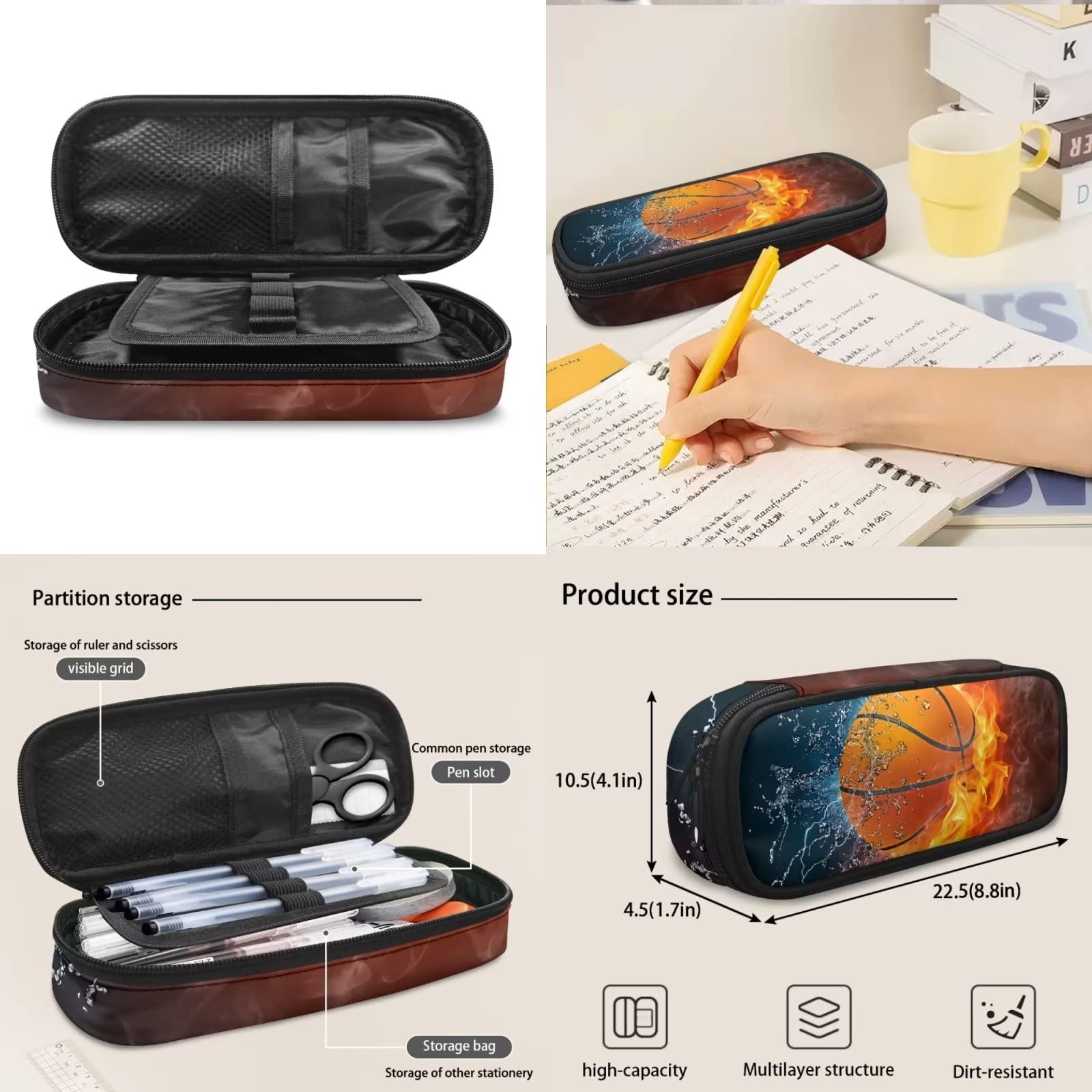 Glomenade Flame Water Basketball Lunch Bags Reusable Thermal Lunch Pouch Sack Fire Ice Ball Schoolbags Bookbags with Pencil Bag Snacks Organizer Back to School