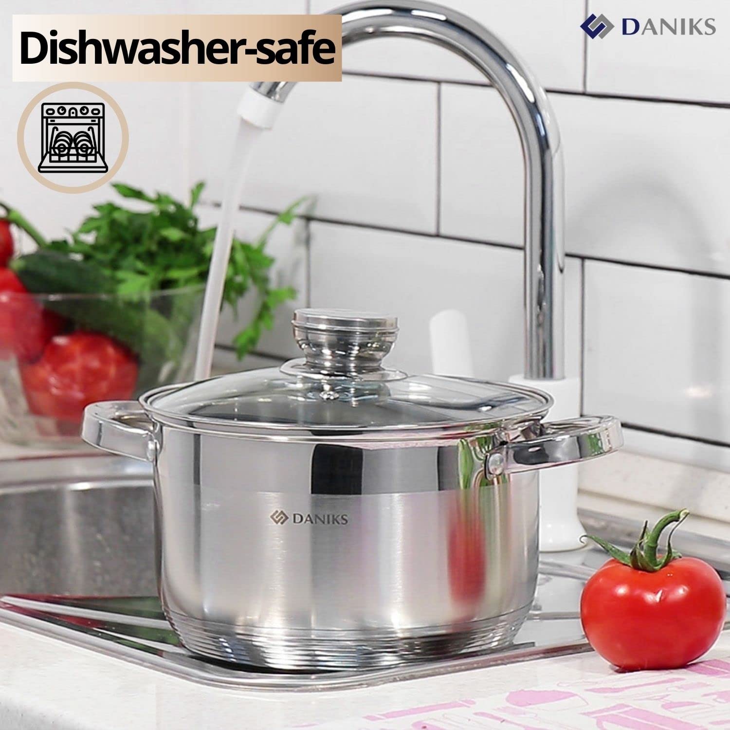 Daniks Standard Stainless Steel Stock Pot with Glass Lid | Induction 2 Quart | Dishwasher Safe Pot | Measuring Scale | Soup Pasta Stew Pot | Silver