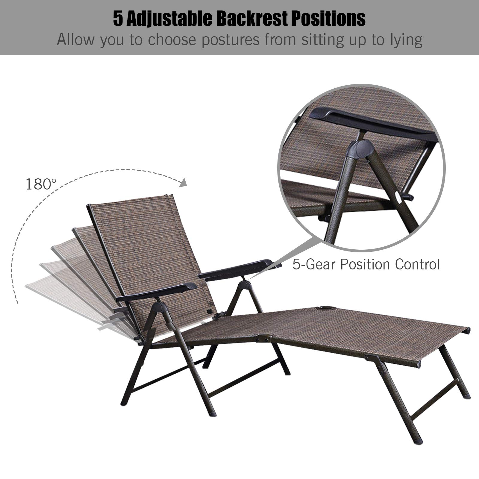 RELAX4LIFE Chaise Lounge Chair Outdoor Set of 2, Folding Patio Recliner Chair with Adjustable Reclining Back & Armrests for Yard Poolside Deck, Portable Sunbathing Beach Lounge Chairs for Outside (2)