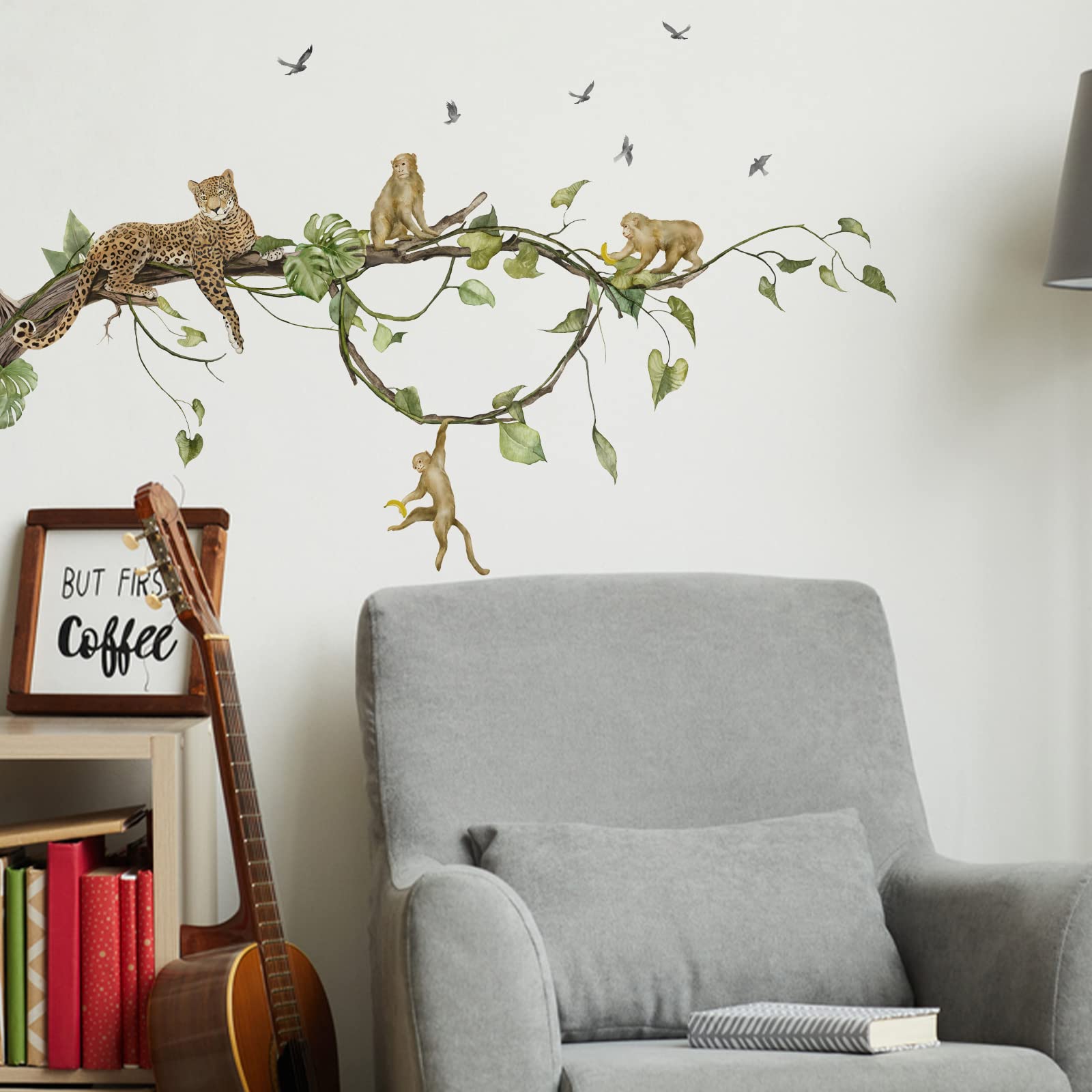 Mfault African Leopard Monkey Climbing Tree Wall Decals Stickers, Safari Jungle Animals Nursery Decorations Boys Bedroom Art, Tropical Bird Kids Playroom Classroom Room Decor