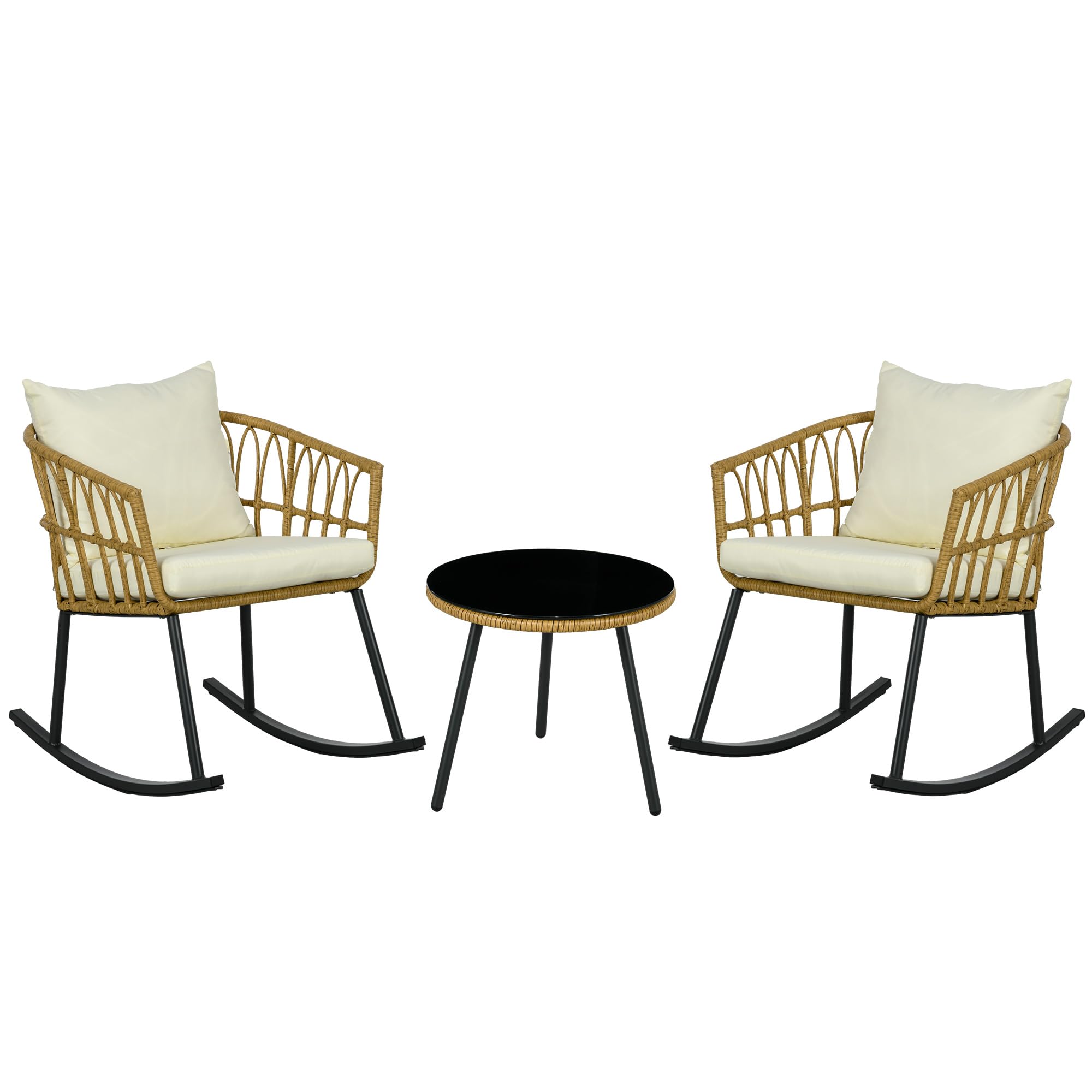 Outsunny 3 Piece Bistro Set with Cushions, Outdoor PE Rattan Wicker Patio Rocking Chair with 2 Porch Rocker Chairs, Glass Top Coffee Table Patio Conversation Set, Cream White