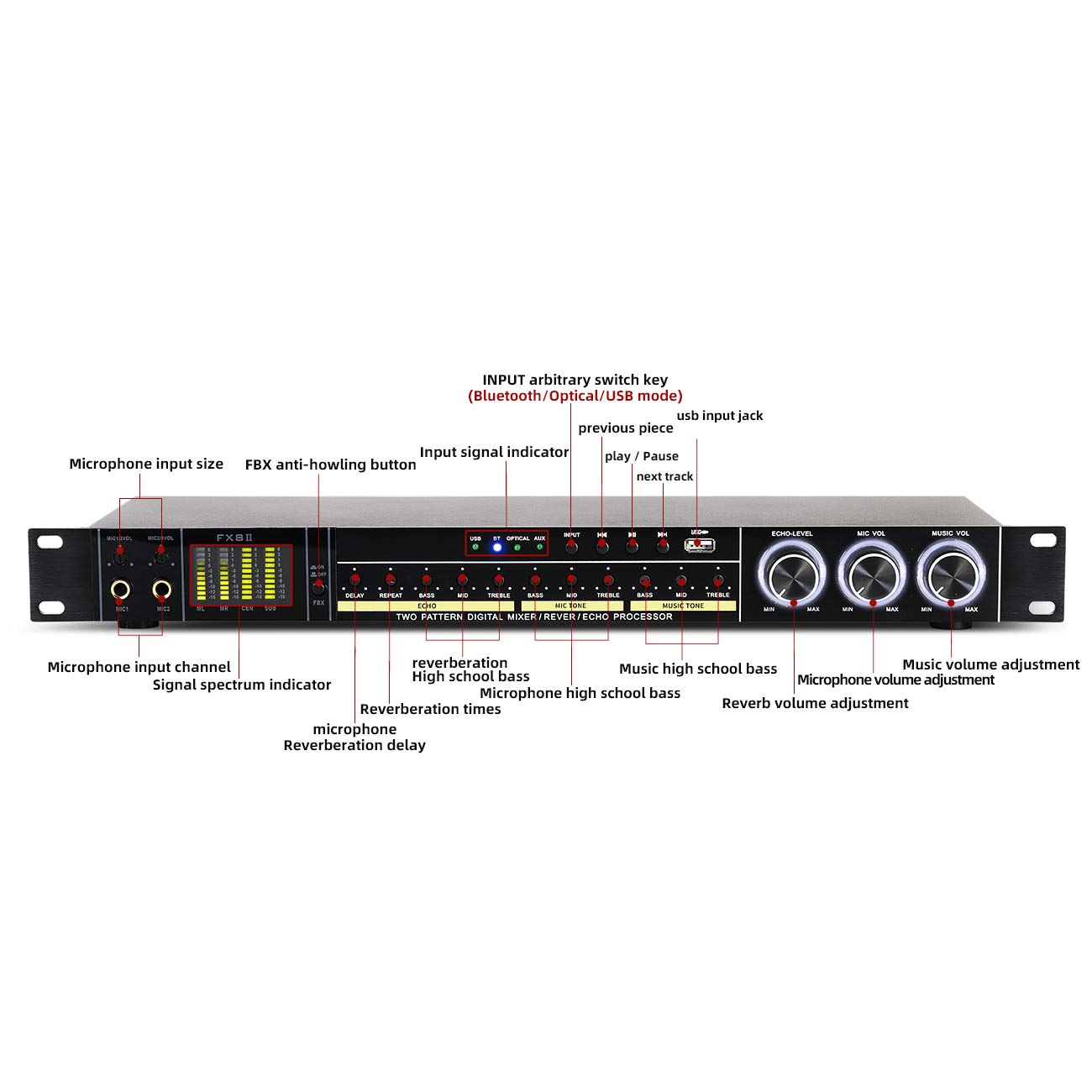 Depusheng REV3900 Professional KTV Pre-effector Household Reverberator Karaoke Anti-howling Audio Processor USB Bluetooth Device