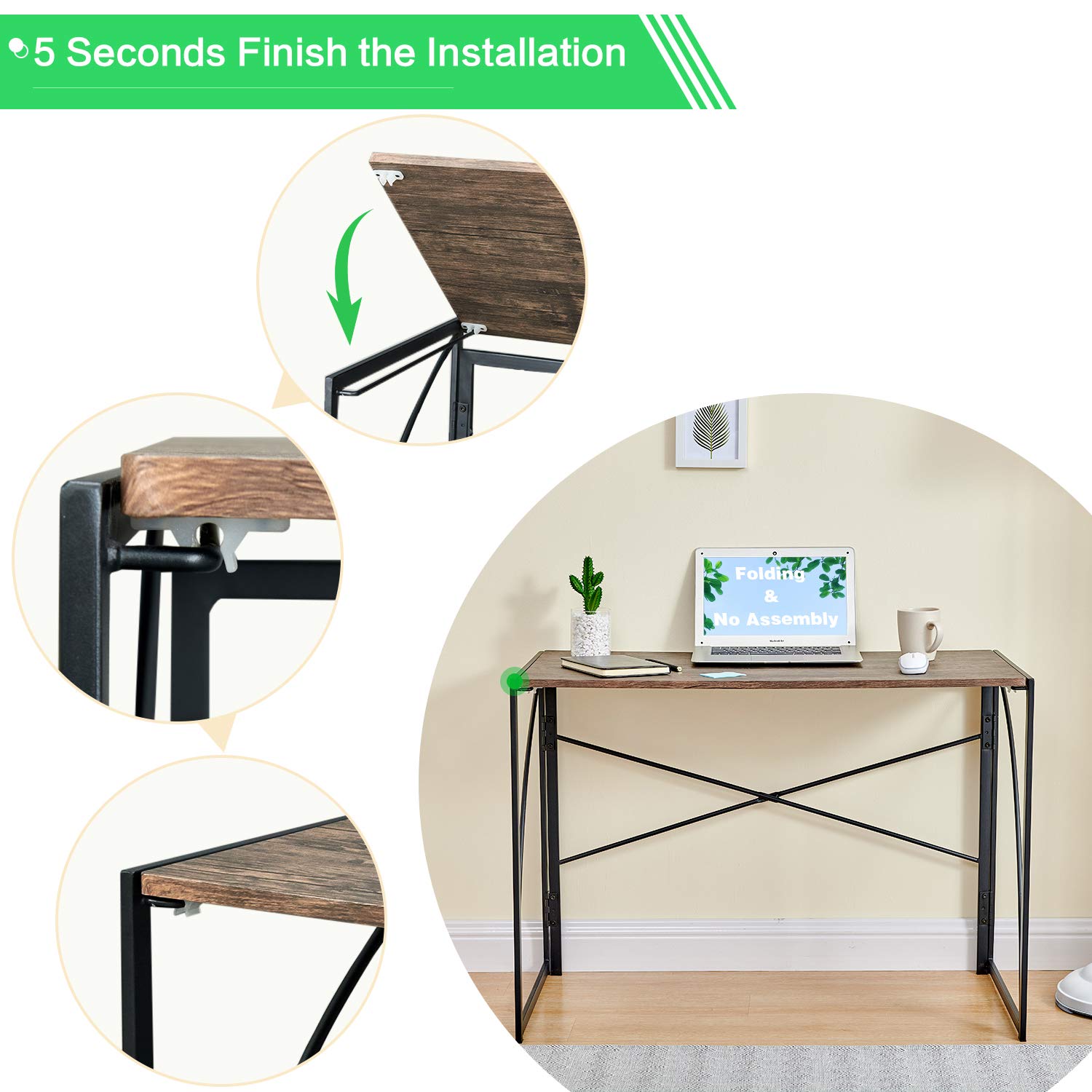 Folding Desk Computer Gaming Desk 40” No Assembly Laptop Desk Small Kids Writing Desk for Home Office Portable Wood Student Study PC Table Modern Space Saving School Work Desk for Bedroom, Brown