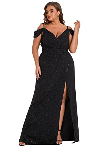 Ever-Pretty Plus Women's Curve V-Neck Cap Sleeves Leg Slit Long Plus Size Dress for Women Formal Black US22