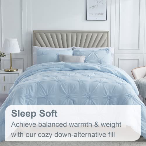 Swift Home Bedding Comforter Sets, Luxury and Lightweight 3-Piece Ruched 3D Floral Pintuck Comforter Sets, Machine Washable - Baby Blue, Full/Queen