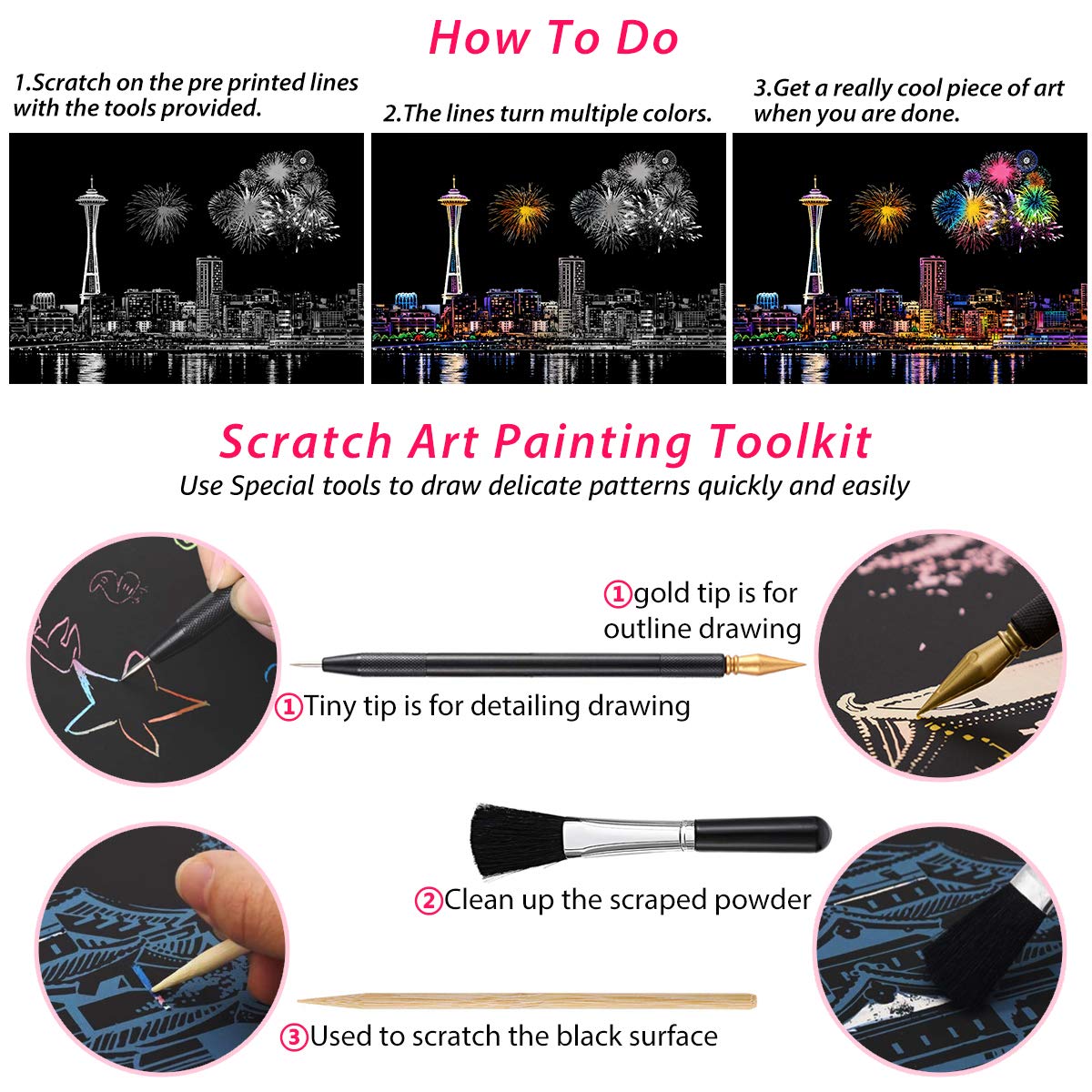 Scratch Art for Teens & Adults, Rainbow Engraving Painting Landscape Scratchboard(A4) Crafts Set: 8 Sheets with 4 Tools - New York, Statue of Liberty, Golden Gate Bridge, Manarola (America/Europe)
