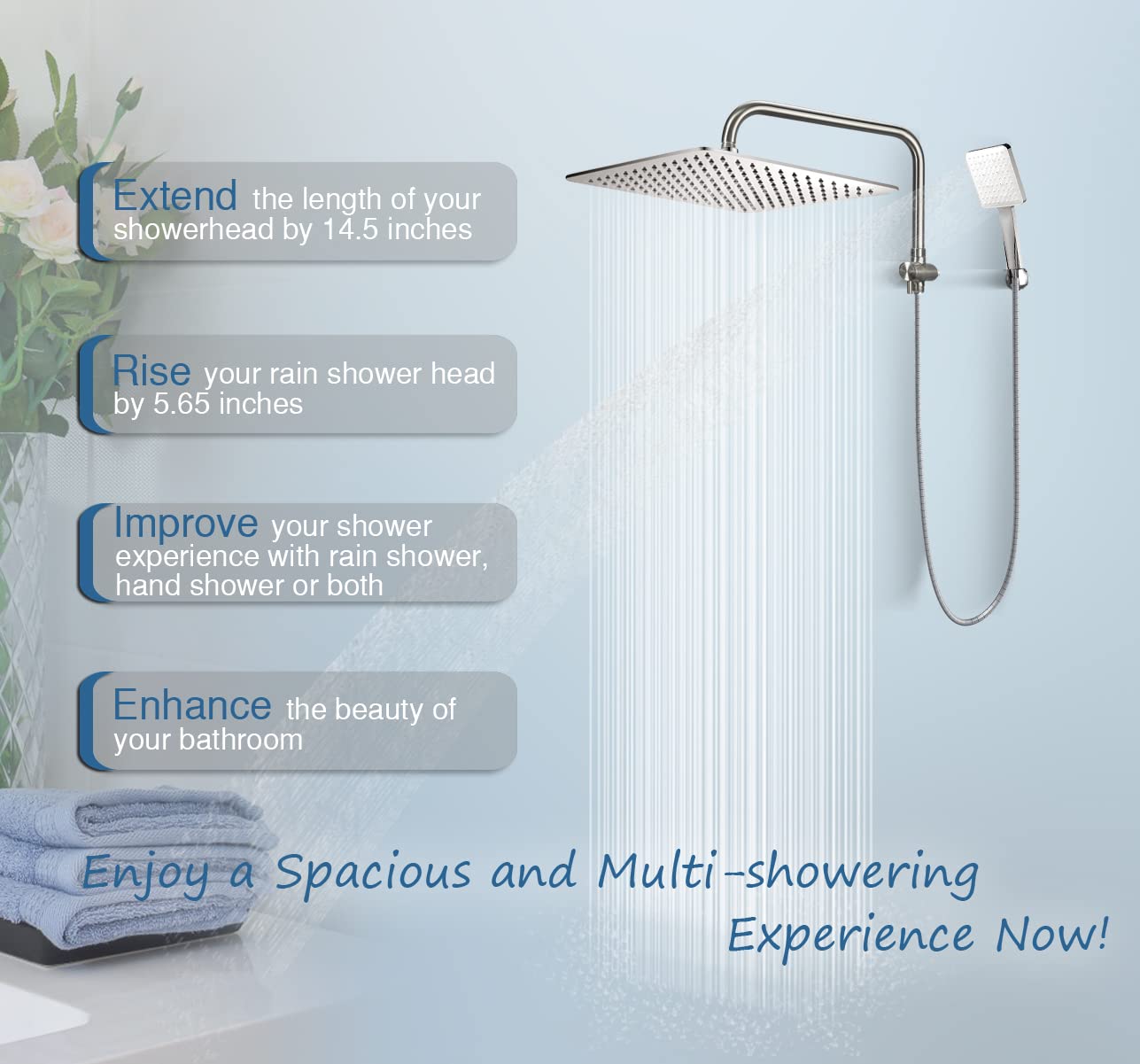 HOMVIVA® All Solid Metal 3-Way Shower Arm Diverter Valve with 16 Inch Shower Head Extension Arm And High Rise Extender for Handheld and Fixed Shower Head, G1/2 Universal with Flange,Brushed Nickel
