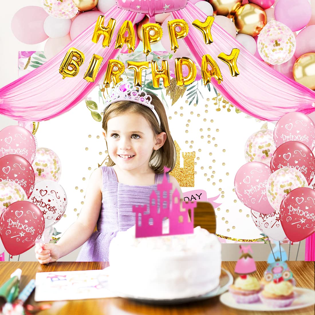 GREPARPY Princess Party Decorations - Princess Birthday Decorations Include Balloon Arch, Banner, Backdrop, Tablecloth, Tulle, Crown, Wand, Sash, Cake Topper, Girls Princess Birthday Party Supplies