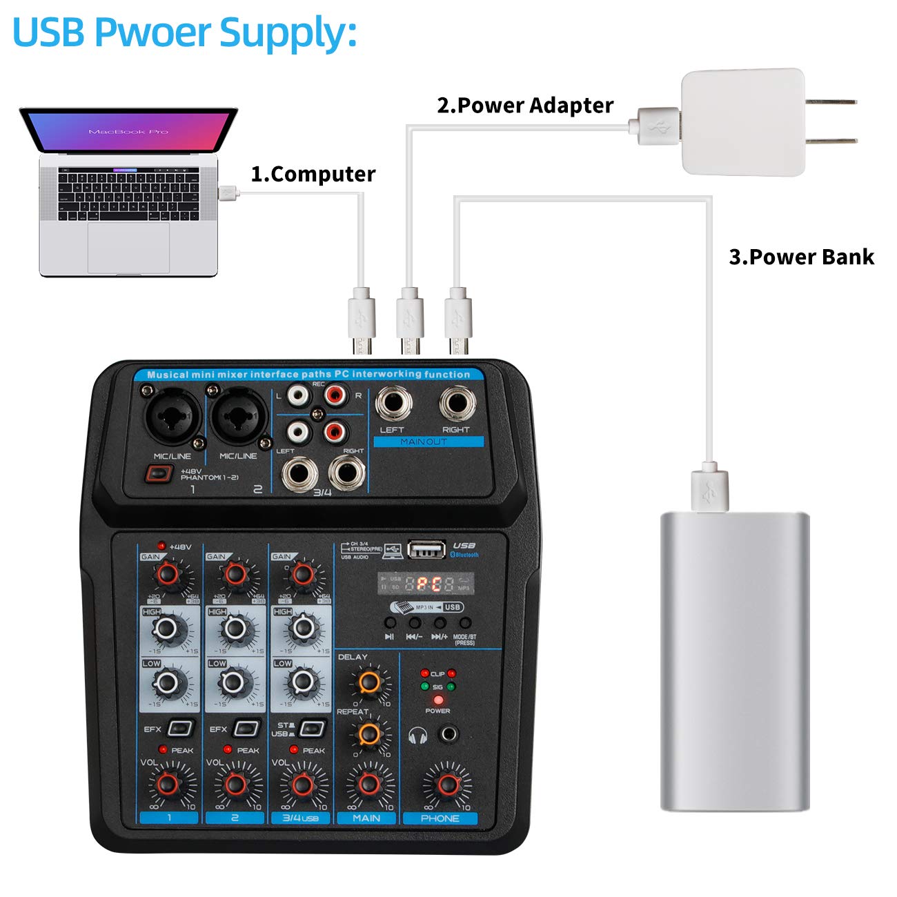 Depusheng U4 Portable Mini Mixer 4 Channel Audio DJ Console with Sound Card, USB, 48V Phantom Power for PC Recording Singing Webcast Party
