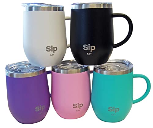PINK SIP EAZY'S 12oz 18/8 StainlessSteel Insulated Cup, Handle & Lid - Keeps your Drinks Hot up to 6 hours Cold up to 24hour - Coffee, Tea, Beer, Water, Wine - Arrives Boxed for easy Gifting!