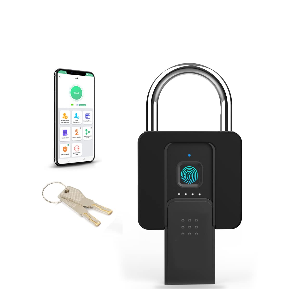 eLinkSmart Heavy Keyed Padlock with Silicone Cover, Phone App/ Fingerprint/ Key Backup