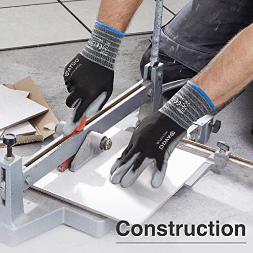 KAYGO Work Gloves PU Coated-12 Pairs, KG15P,Nylon Lite Polyurethane Safety Work Gloves, Gray Polyurethane Coated, Knit Wrist Cuff,Ideal for Light Duty Work (Large, Black)