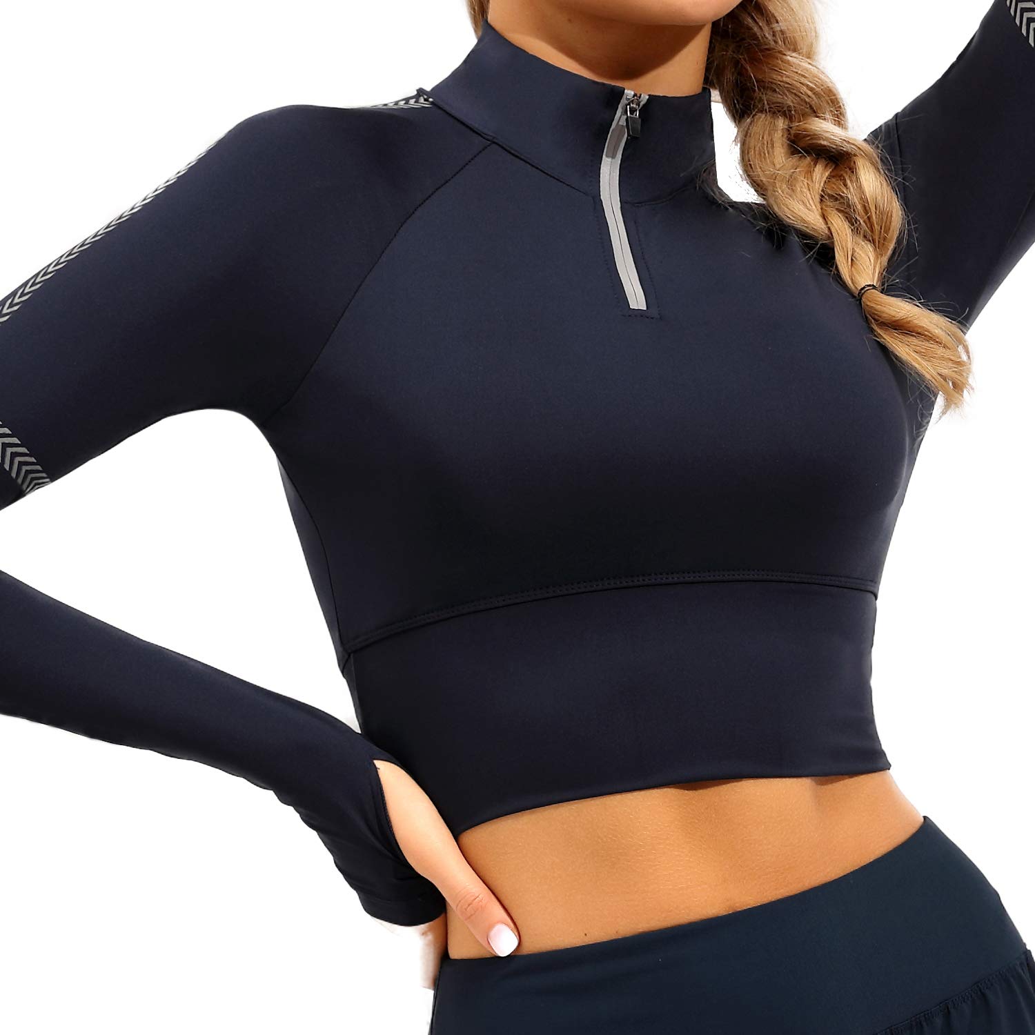 DREAM SLIM Women's Athletic Cropped Jacket Stretchy Lightweight Half Zip Running Track Jacket Pullover for Women and Teen Girls (Blue,M)