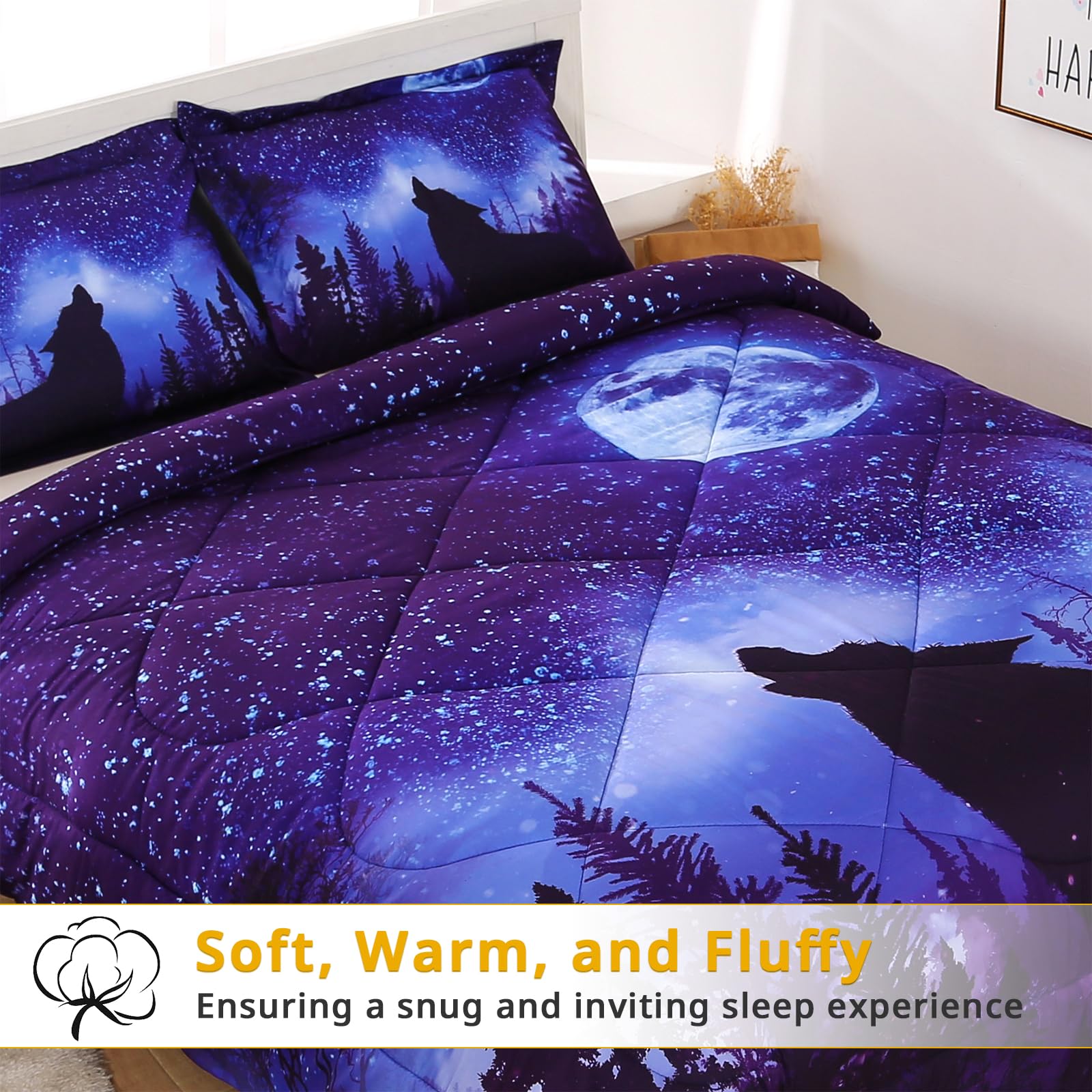 ENCOFT Wolf Comforter Set Queen Size, 3 Piece Vivid Blue Night Sky Howling Wolf Bedding Comforter Sets with 2 Pillowcases, Lightweight Soft Wild Animal Wolf Comforter Set for Kids, Boys, Teen
