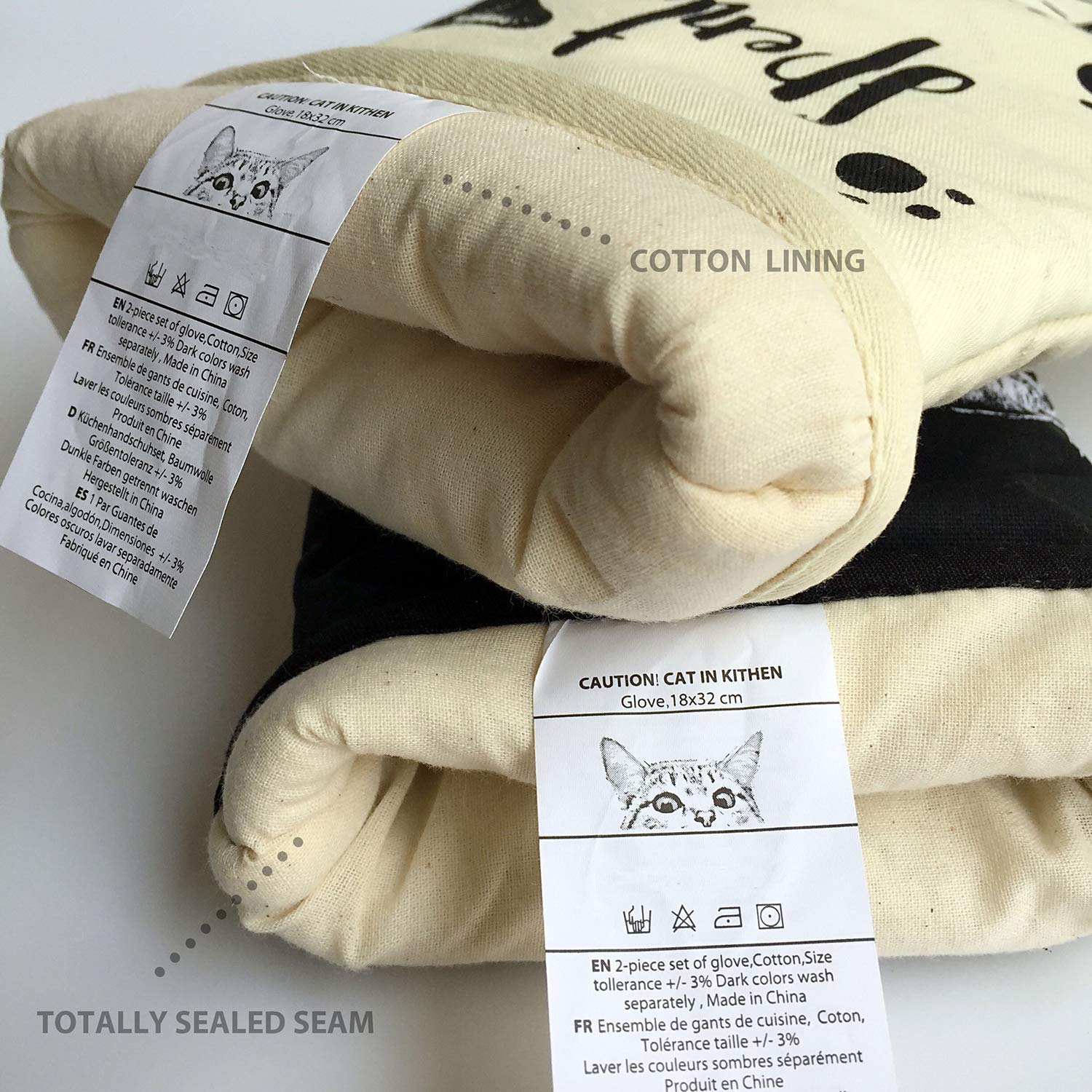 GREVY Oven Mitts Heat Resistant Cooking Glove 100% Cotton Lining 12"(Ivory and Black Cat,Potholder Kitchen Gloves,Set of 2)