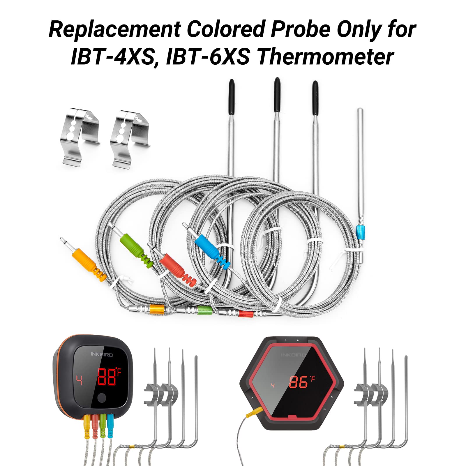 Inkbird Replacement Colored Probe 4-Pack Kit Only Compatible with IBT-4XS/IBT-6XS Meat Thermometer, Ultra Accurate & Fast Up to 572°F/300°C (Only for IBT-4XS/IBT-6XS Thermometer)