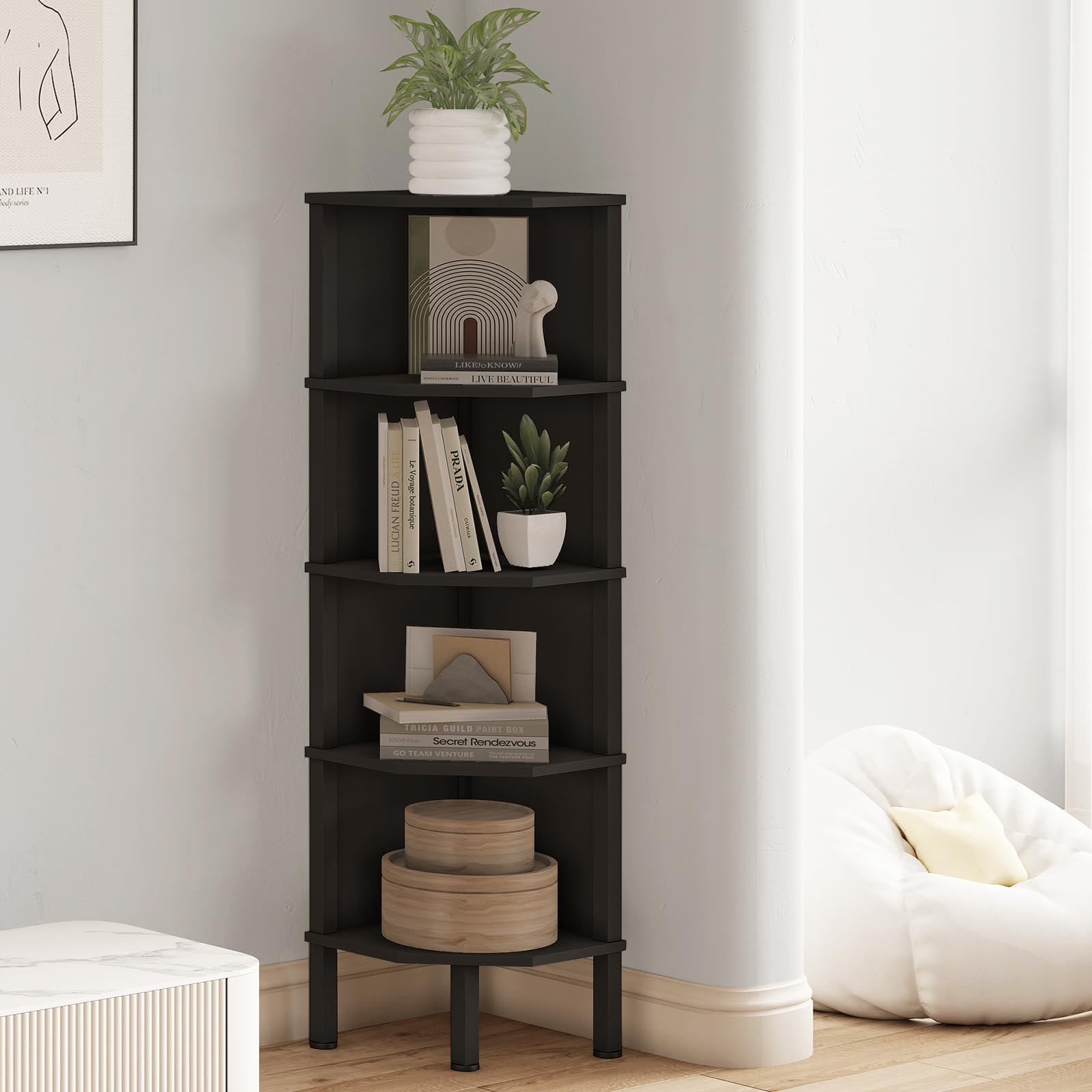 LAATOOREE 5 Tier Corner Shelf, Corner Stand Rack, Freestanding Wooden Corner Bookshelf, Plant Display Shelving Unit for Small Space, Living Room, Bedroom, Office, Kitchen (Black, 5 Tier)