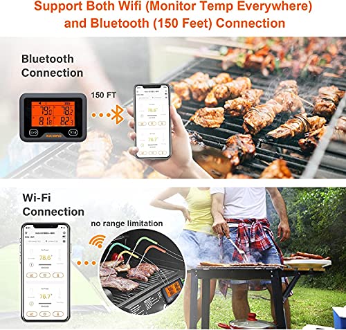 Inkbird Wi-Fi/Bluetooth Meat Thermometer IBBQ-4BW & Instant Read Thermometer IHT-1P, Digital Wireless WIFI Thermometer for Smoker Oven, Large LCD Backlight, Timer High/Low Alarm, 4 Probes Rechargeable