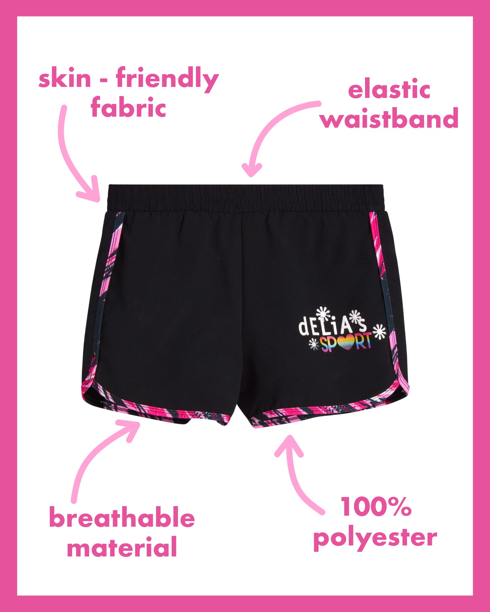 Girls' Active Shorts - 2 Pack or 4 Pack Athletic Gym Woven Running Dolphin Shorts with Fanny Pack (7-16), Size 7-8, Black/Pink Tie-dye