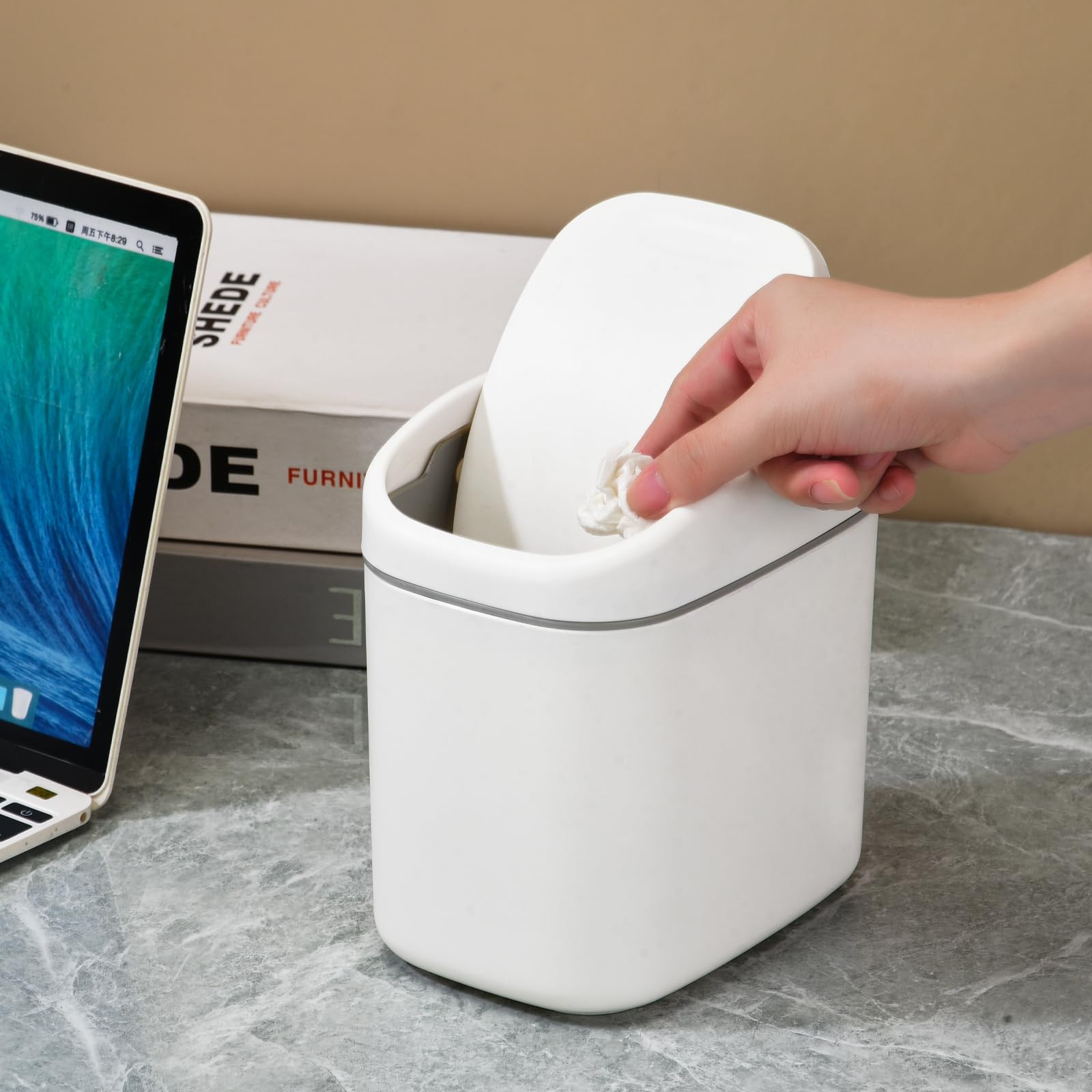 Mini Garbage Can with Swing Top Lid, 0.8 Gallon Small Trash Can White Plastic Wastebasket Mini Desktop Trash Can Organization and Accessories for Vainty Desk Kitchen Bedroom Office Camper(1 Pack)