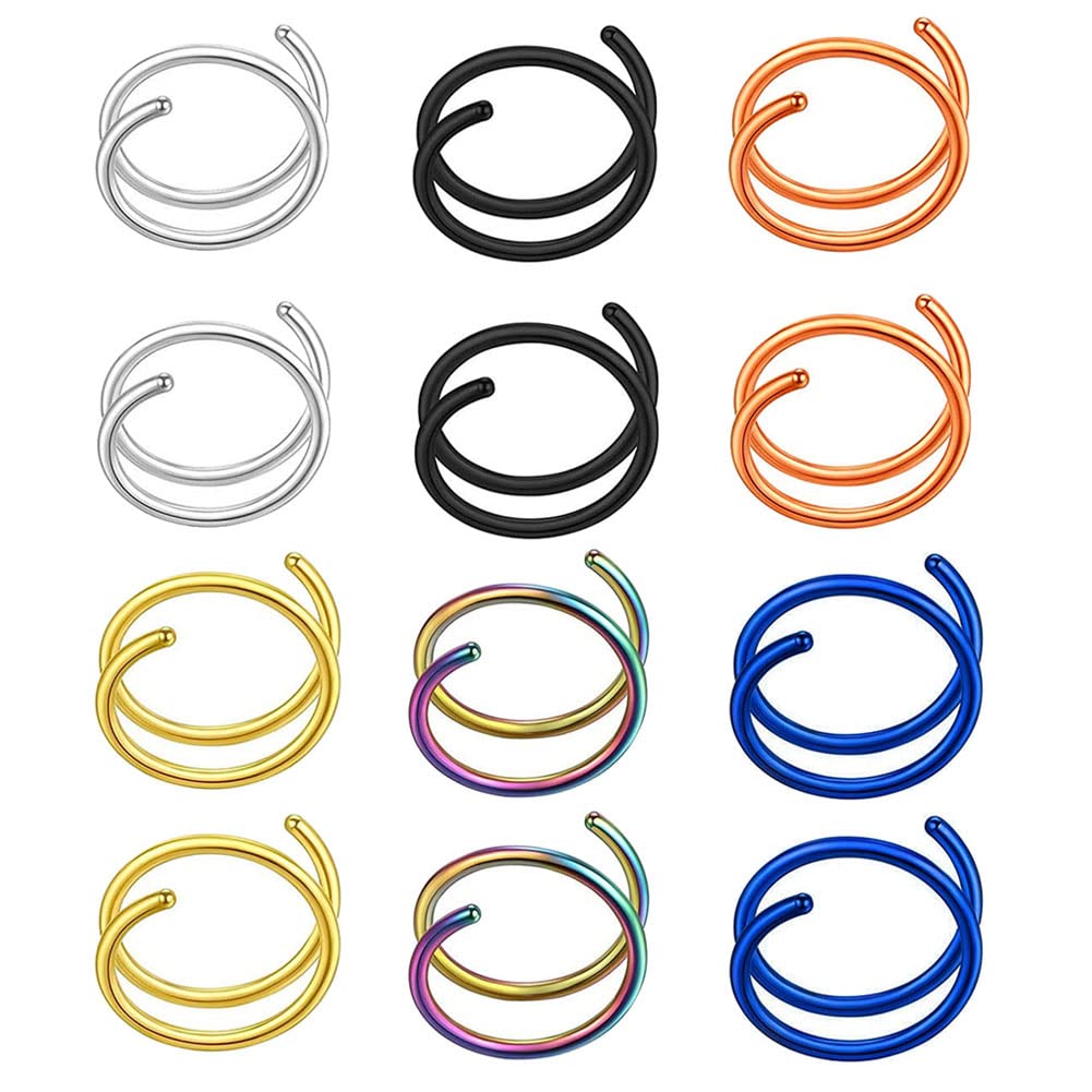 Double Hoop Nose Lip Ring Studs Nostril Cartilage Piercing Single Piercing Double Spiral Nose Rings Earring for Unisex 12PCS