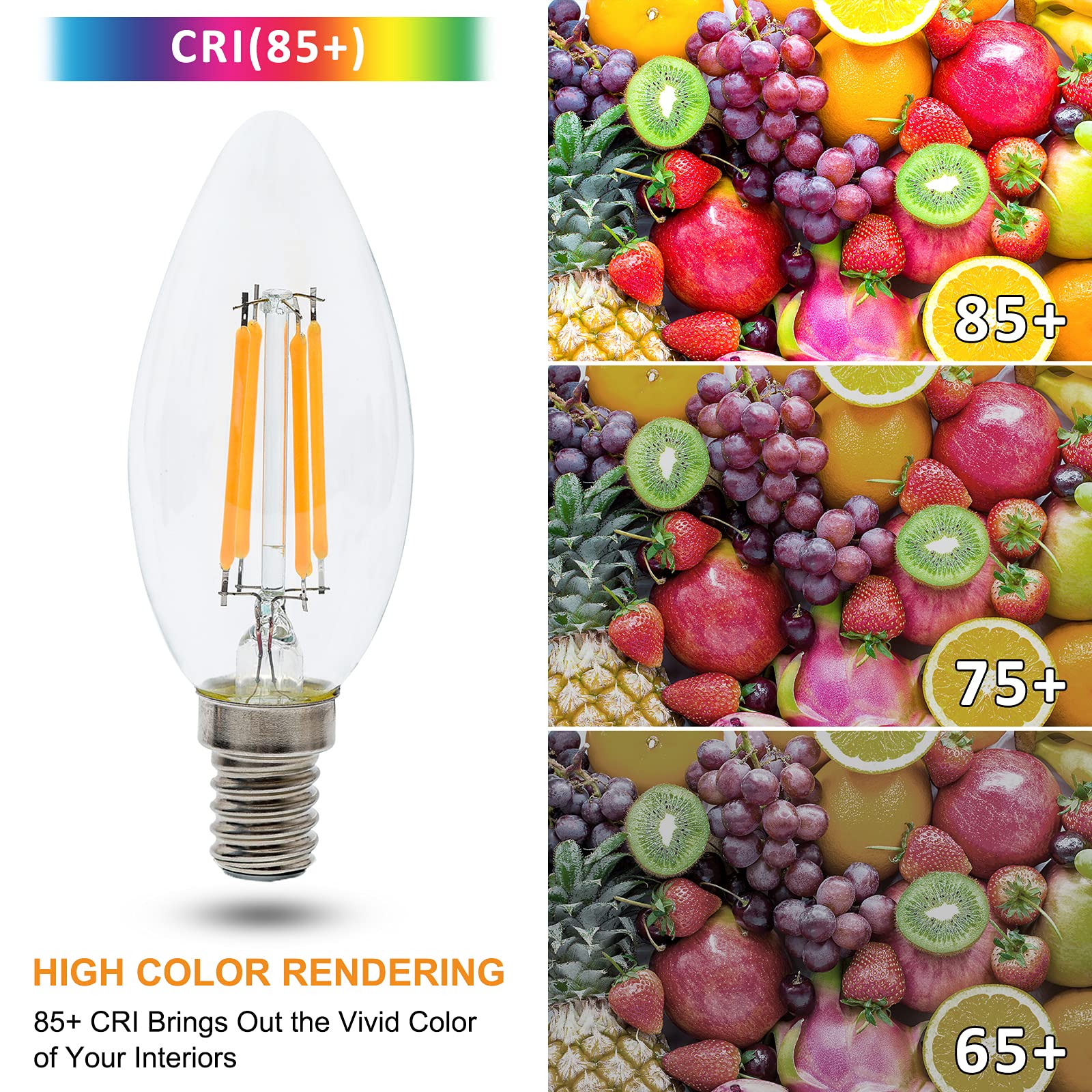 E12 LED Filament Candelabra Light Bulbs 60W Equivalent, Ceiling Fan Light Bulbs Warm White 2700K, B11 E12 Small Base Clear LED Candle Bulbs, Flicker Free, Not Dimmable, 400LM, 6 Pack