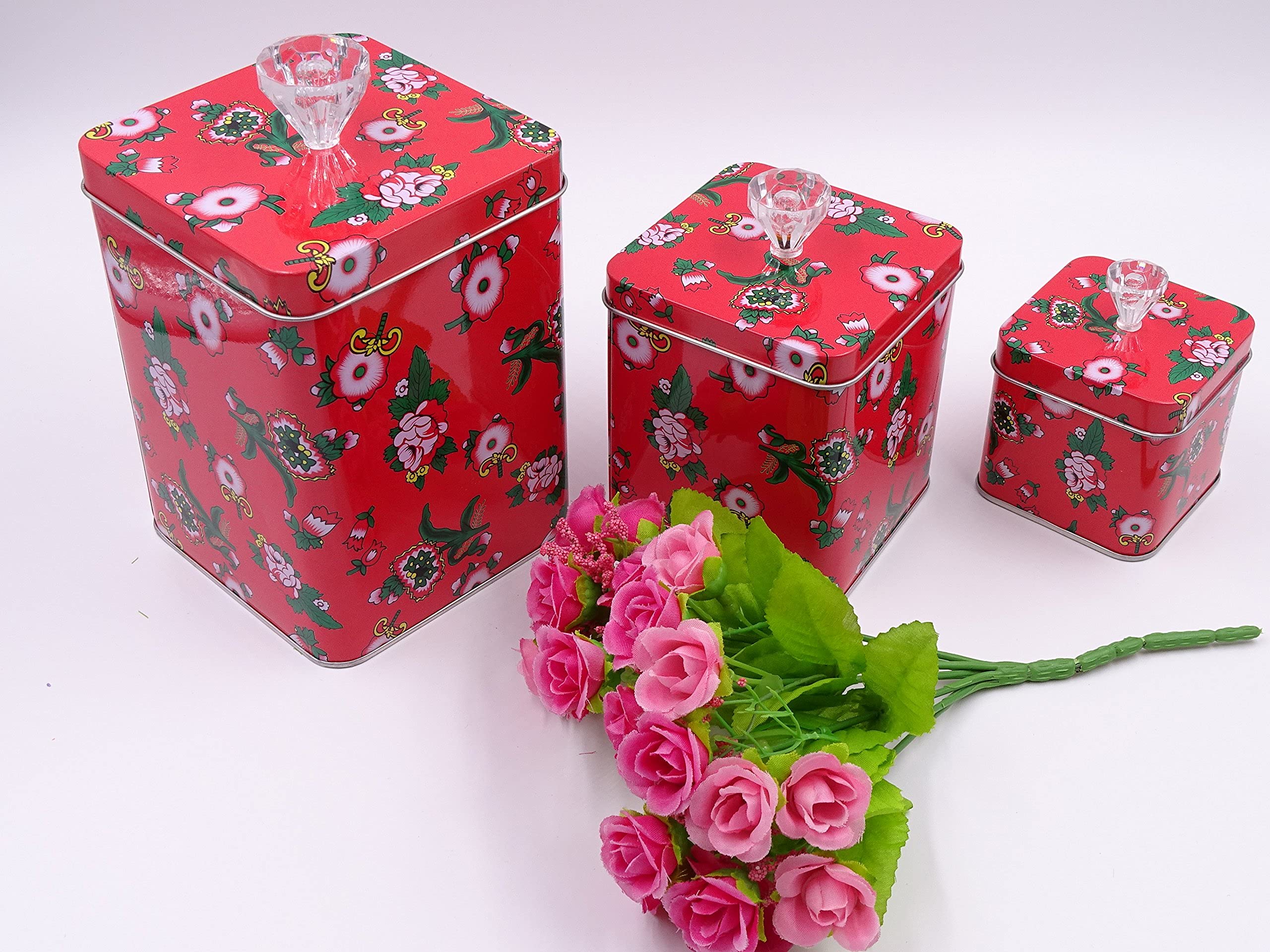 hadaaya Square Red Tin Can Empty Cube Steel Box Storage Container with Crystal Knob for Powder Treats, Gifts, Favors, Loose Tea, Coffee and Crafts, Mini Portable Small Storage Kit, Valentine Day Gift