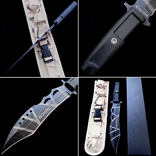 HOLYEDGE 14.1 inch Stonewash Full-tang Fixed Blade Tactical Knife - Fantasy Large Sturdy Military Survival Combat Knife Camping Hunting Knives with Sheath