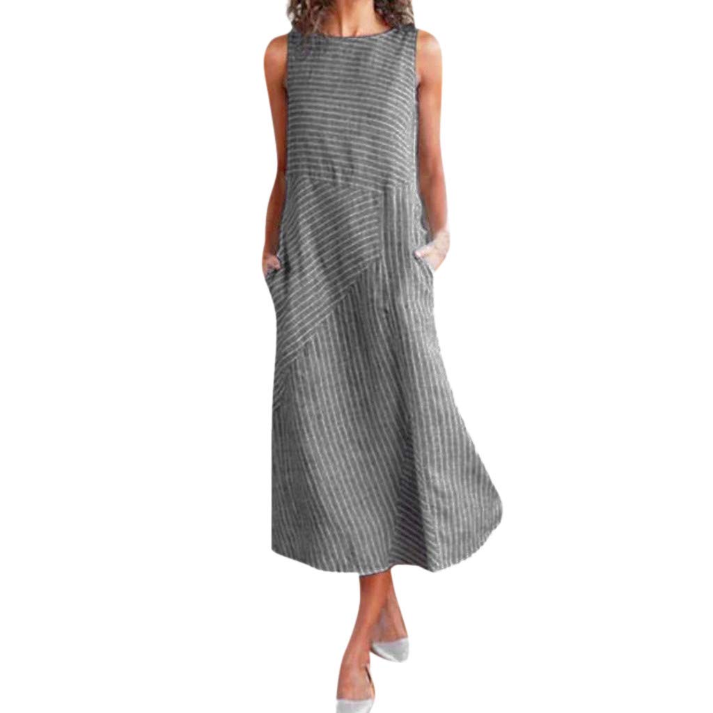 Dresses for Women Sleeveless Stripe Casual Loose Linen Maxi Dress with Pockets (XL, Black)