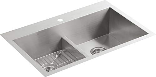 KOHLER Vault 33" Double-Bowl 18-Gauge Stainless Steel Kitchen Sink with Smart Divide with Single Faucet Hole K-3838-1-NA Drop-in or Undermount Installation, 9 Inch Bowl