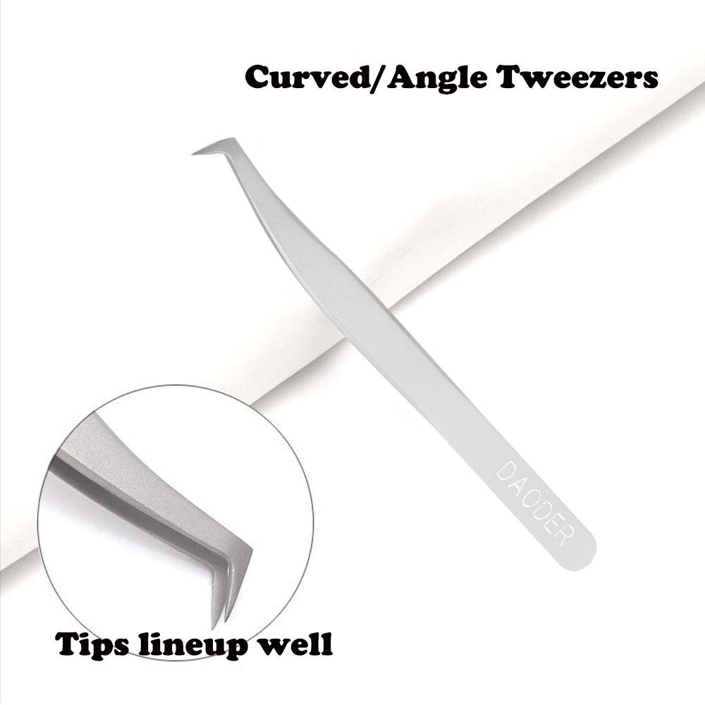 DAODER 5pcs Lash Eyelash Extension Tweezers Straight & Curved Bent Point Tip Precision Tweezers Set Tool for Lash Extension Application and Crafts with PU Storage Case