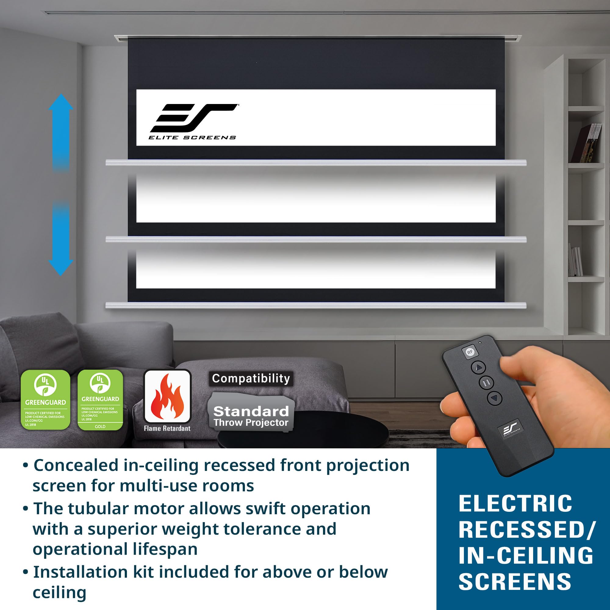 Elite Screens Evanesce B, 100-INCH 16:9 Extra 12" Drop, Recessed in-Ceiling Electric Projector Screen, 8k/4K Ultra HD Ready Fiberglass Reinforced Projection, EB100HW3-E12