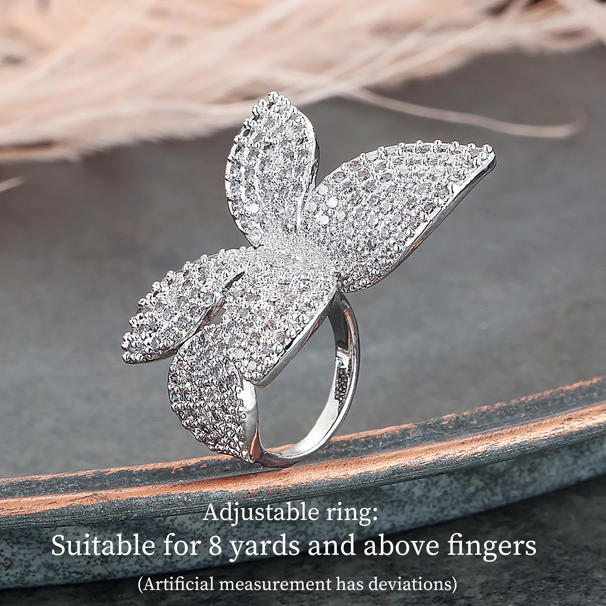 dnswez Silver Double Finger Ring, Statement Big Butterfly Open Adjustable Rings Silver Full CZ Flower Cocktail Rings Jewelry Gifts - Mothers Day Gifts (Light Gray, Adjustable)