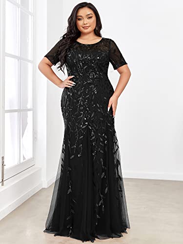 Ever-Pretty Women's Embroidered Prom Dress Long Formal Plus Size Dresses for Wedding Guest Black US22
